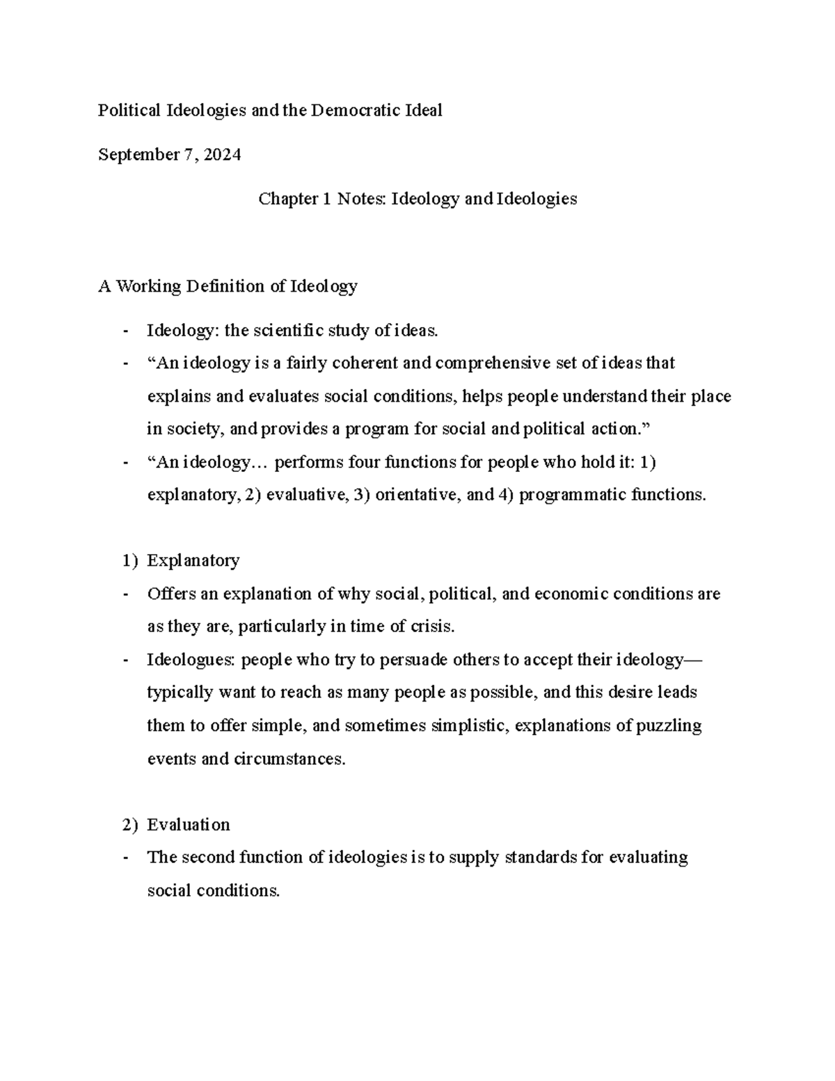 Political Ideologies and the Democratic Ideal Chapter 1 Notes ...