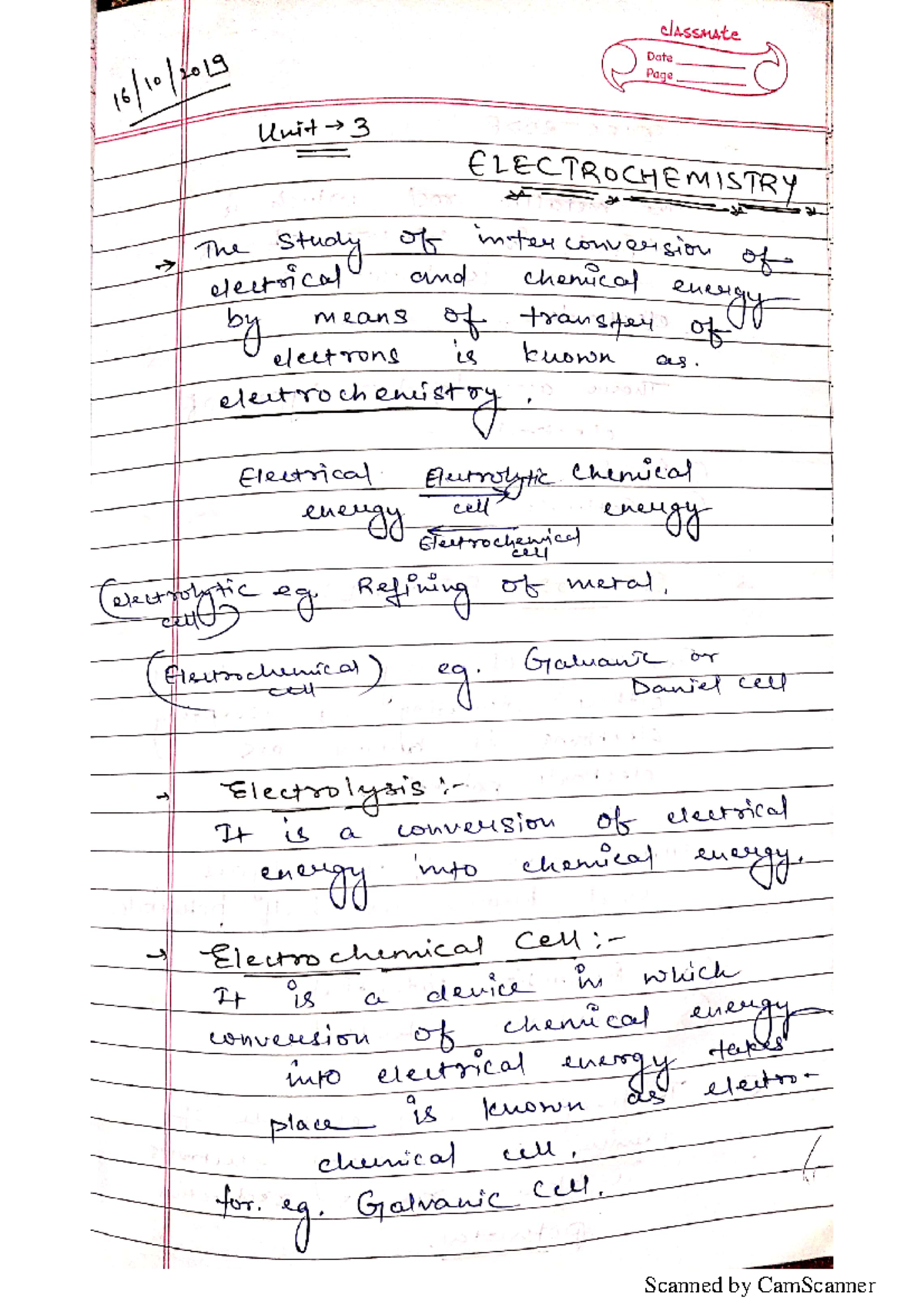 Electrochemistry - Hand written notes - classmate Date Y Page Unit 3 ...