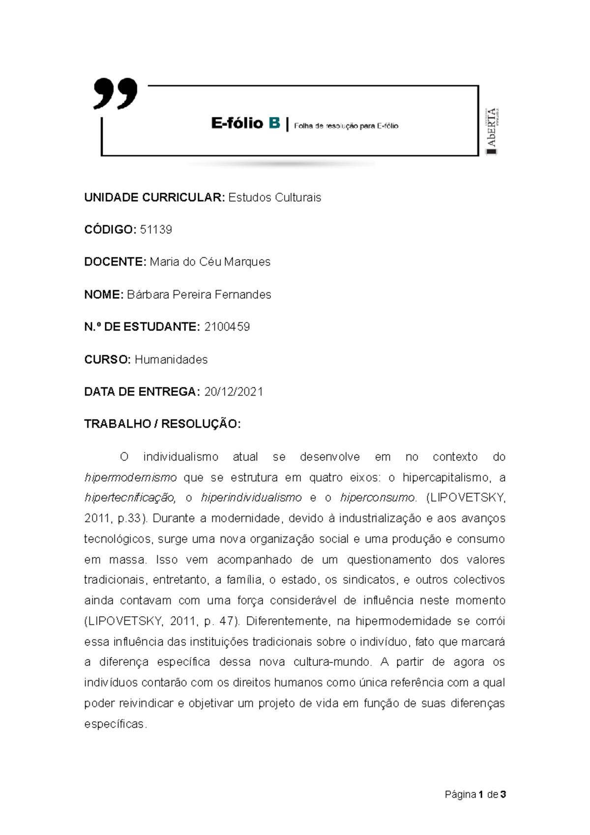 2100459 Efolio B - e folio da disciplina estudos classicos - Temas da ...