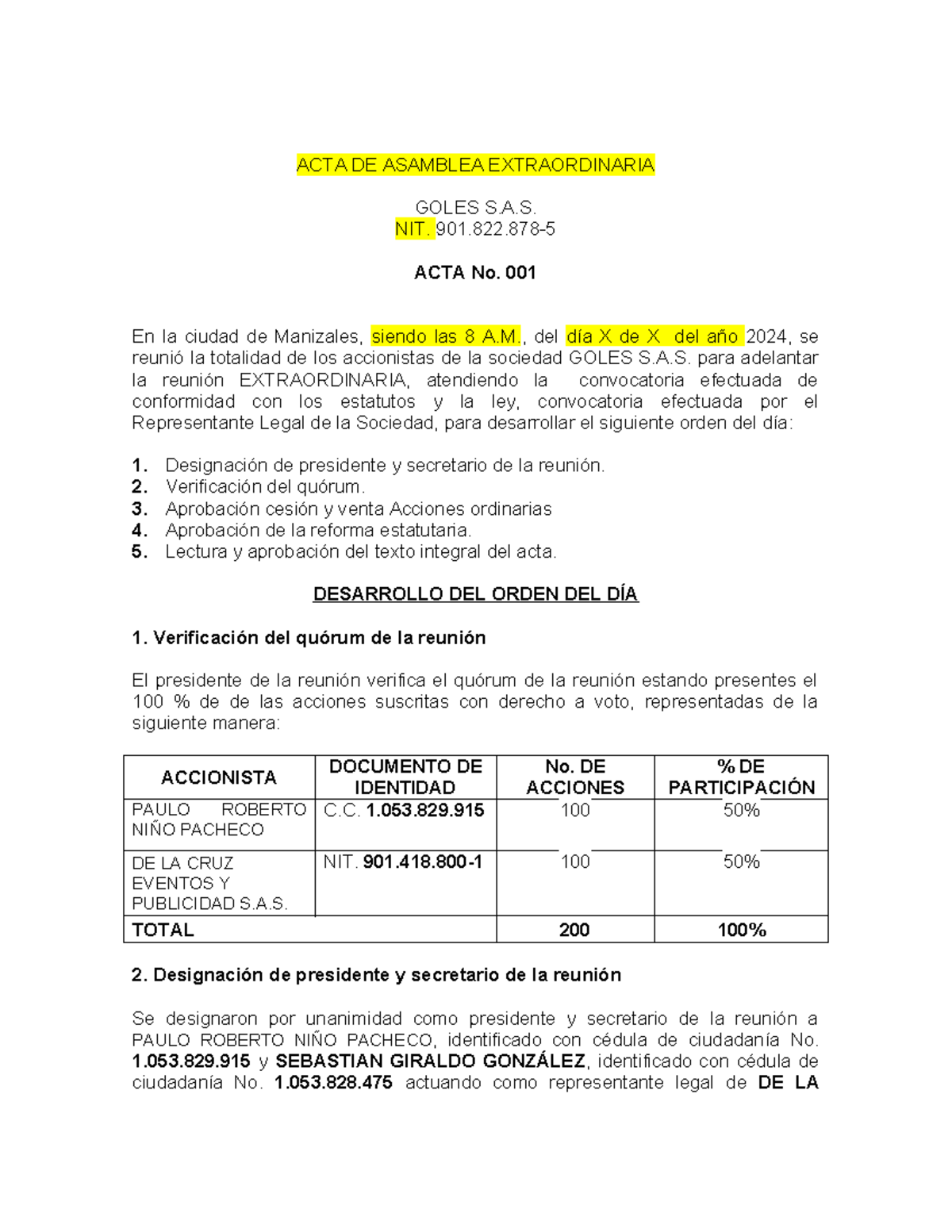Modelo ACTA Venta Acciones S.A.S - ACTA DE ASAMBLEA EXTRAORDINARIA ...