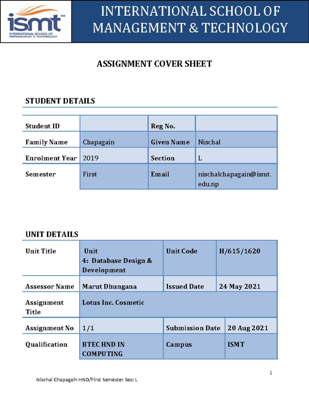 Database Nischal converted - 1 ASSIGNMENT COVER SHEET STUDENT DETAILS ...