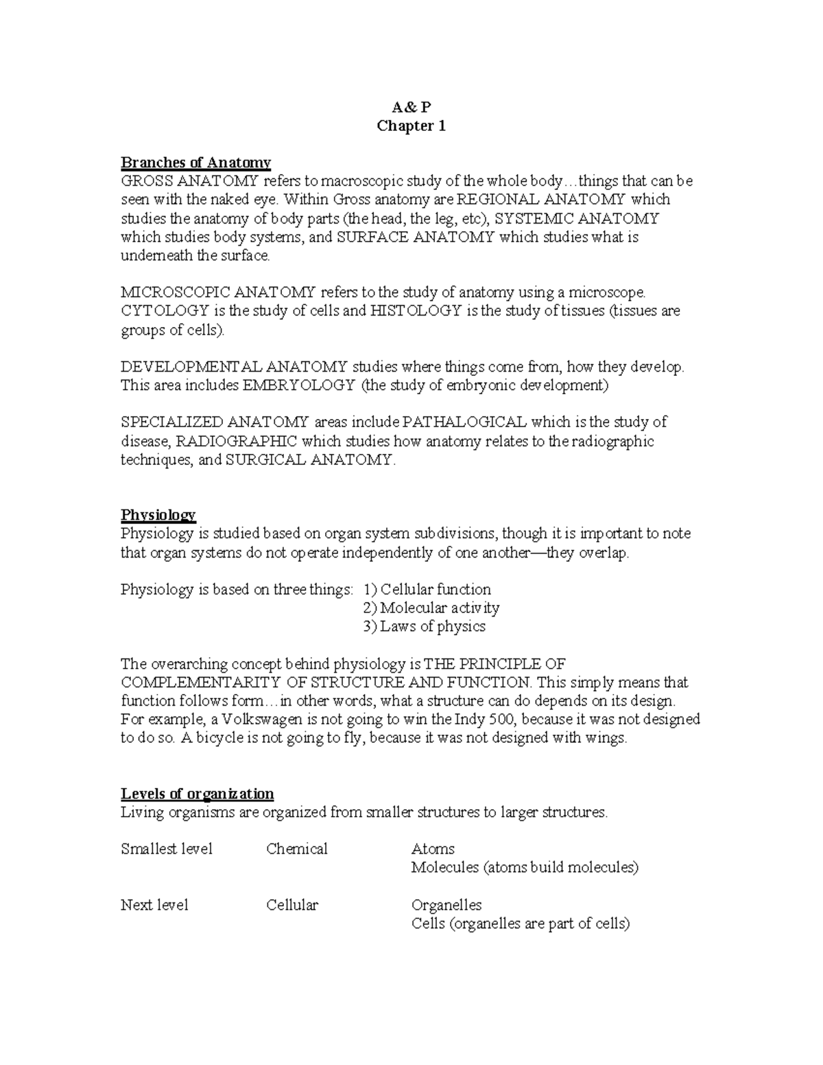 AP Sample Notes 1-5 - summaries of coursework - A& P Chapter 1 Branches ...