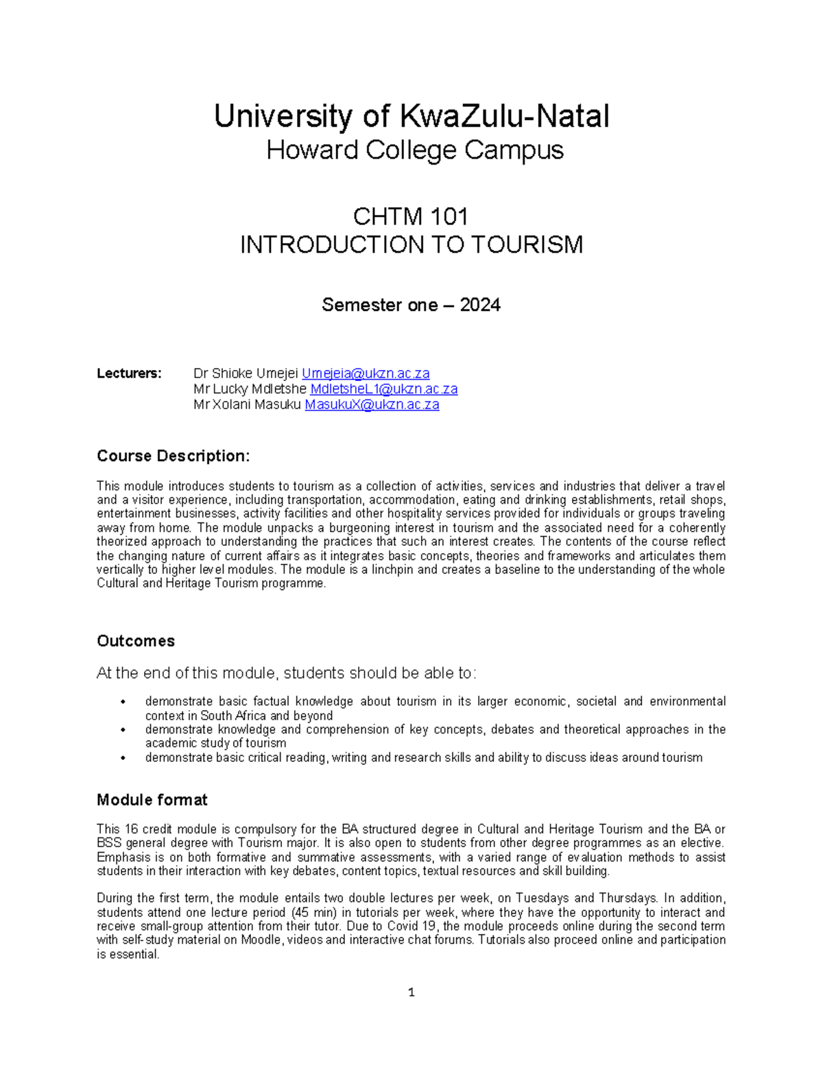 Course outline CHTM101 2024 - University of KwaZulu-Natal Howard ...