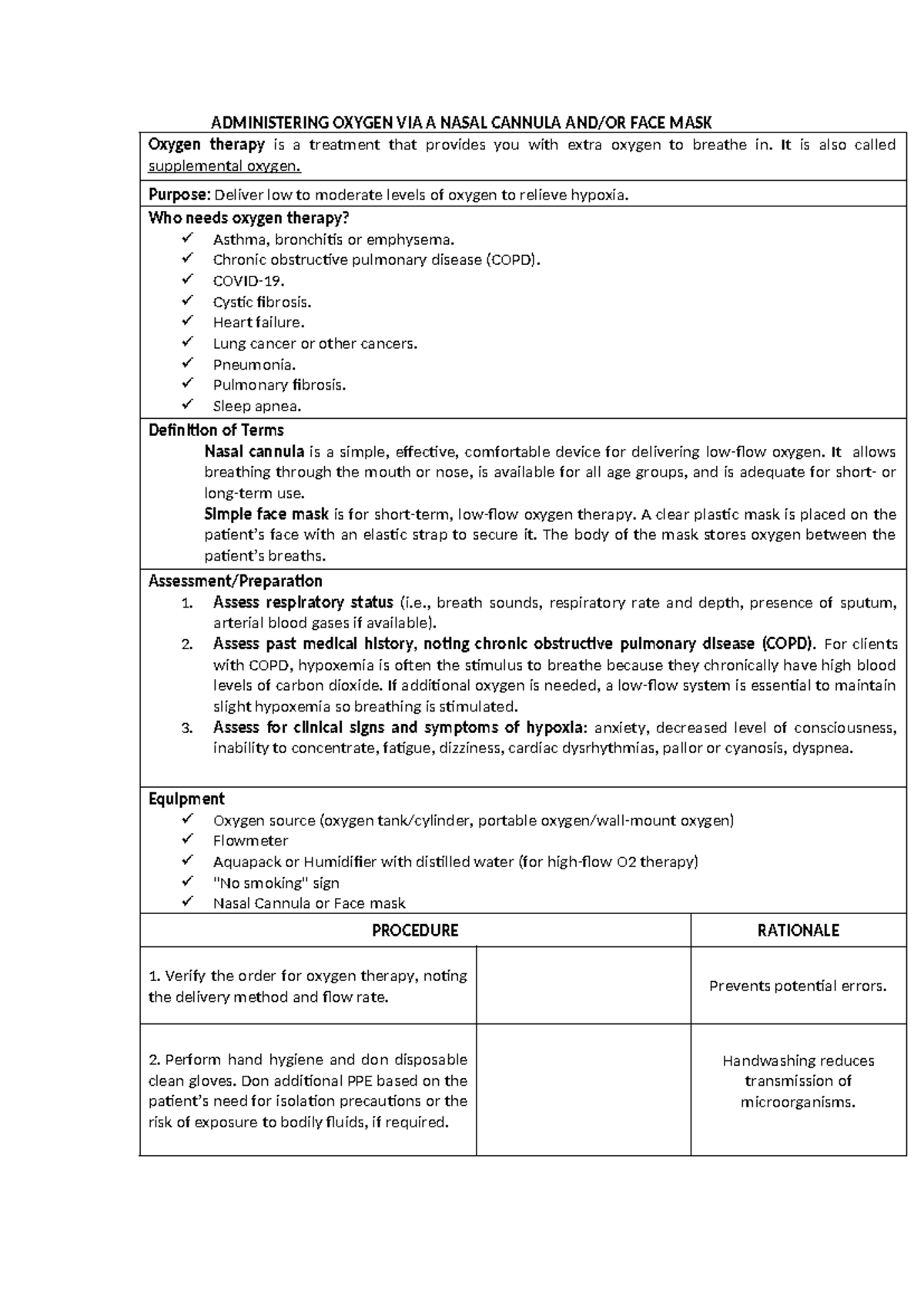 Oxygen lecture - ADMINISTERING OXYGEN VIA A NASAL CANNULA AND/OR FACE ...