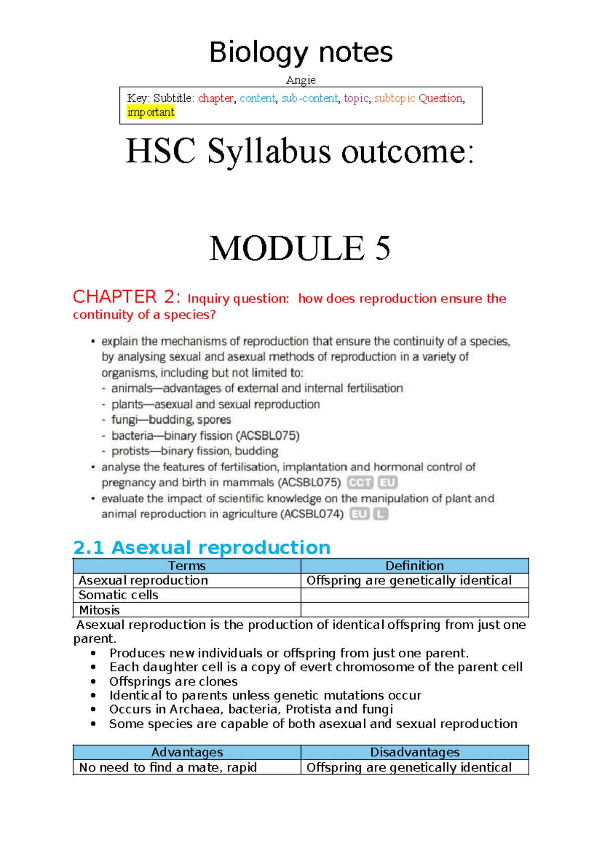 Module 5 biology notes - Angie HSC Syllabus outcome: MODULE 5 CHAPTER 2 ...