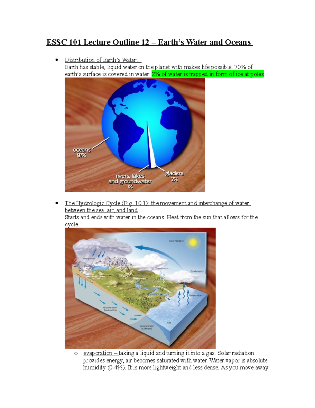 Outline 12 Earth's Water - ESSC 101 Lecture Outline 12 Water and Oceans ...