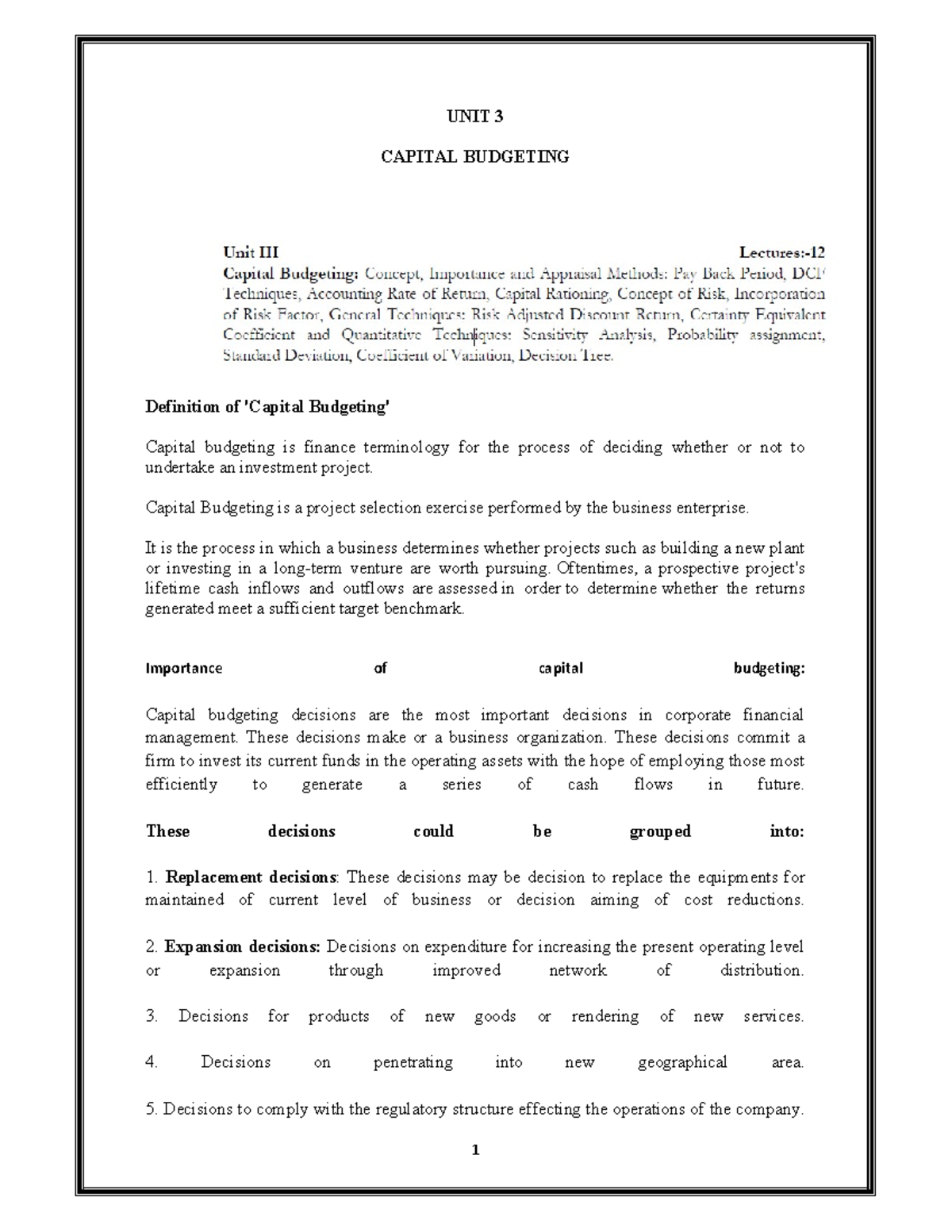 UNIT 3 - Lecture notes 5 - UNIT 3 CAPITAL BUDGETING Definition of ...