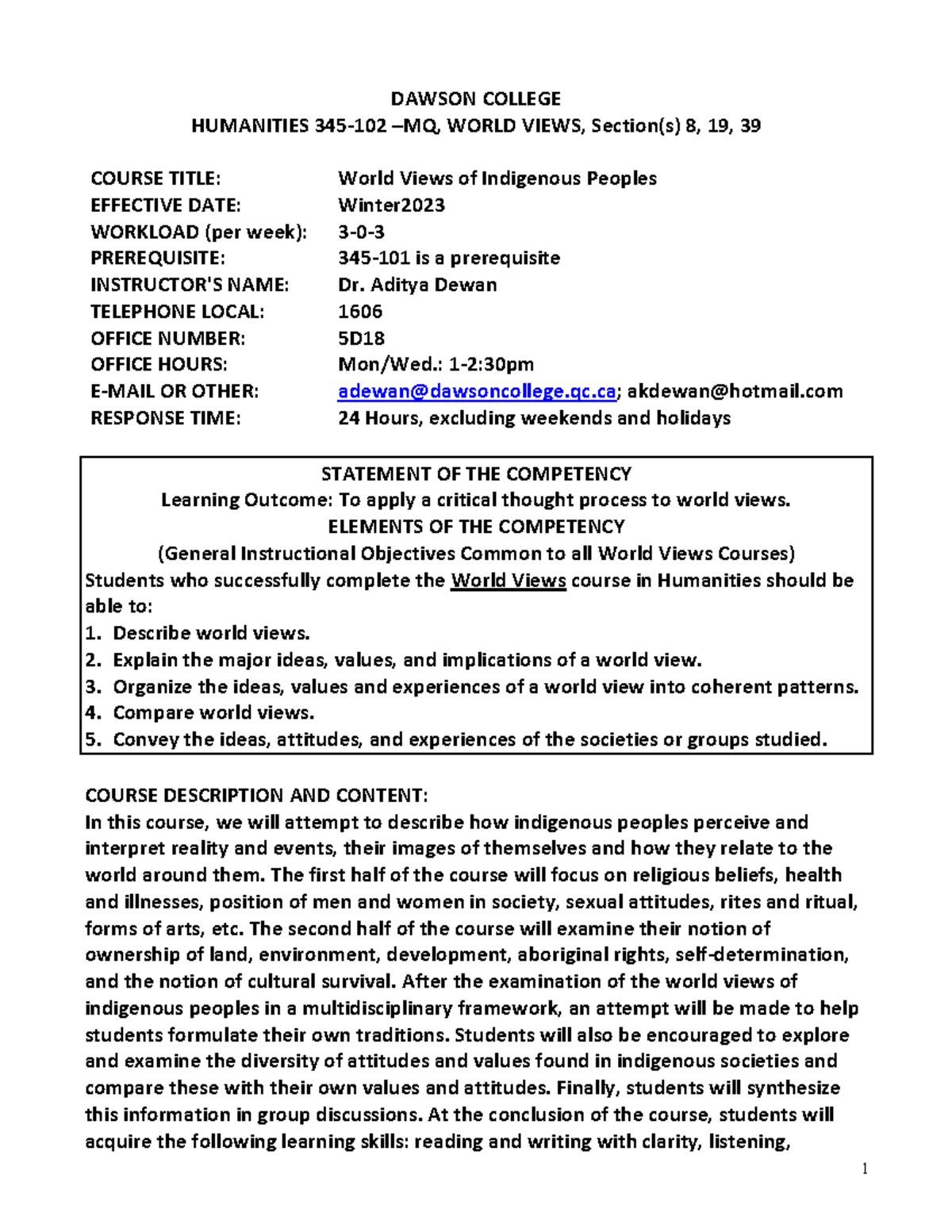 Course Outline - DAWSON COLLEGE HUMANITIES 345-102 –MQ, WORLD VIEWS ...