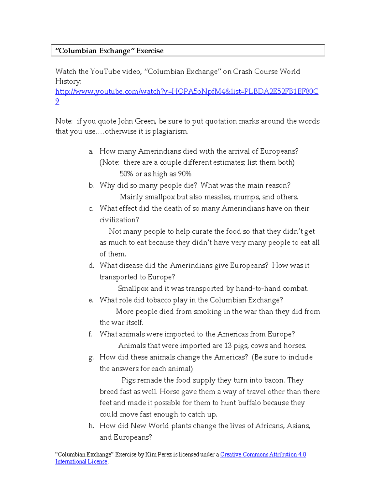 Columbian Exchange Exercise - “Columbian Exchange” Exercise by Kim ...