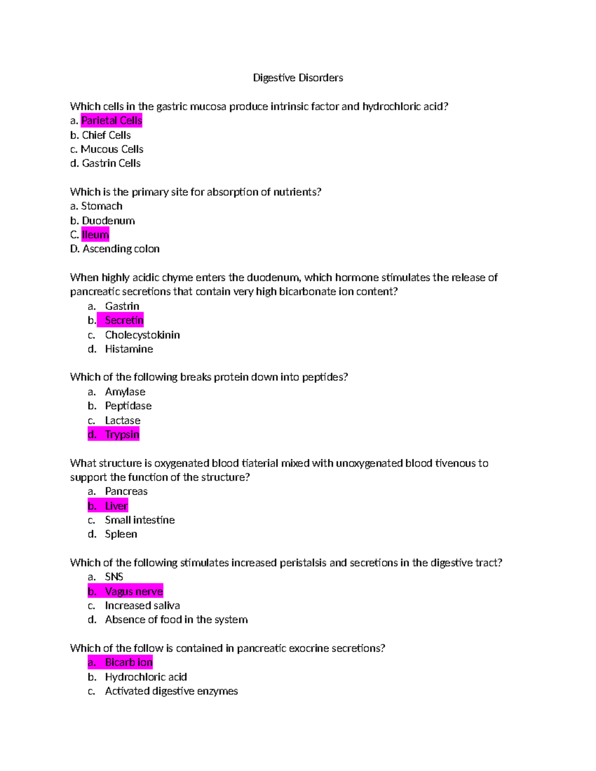 Digestive Quiz Bank - Digestive Disorders Which cells in the gastric ...