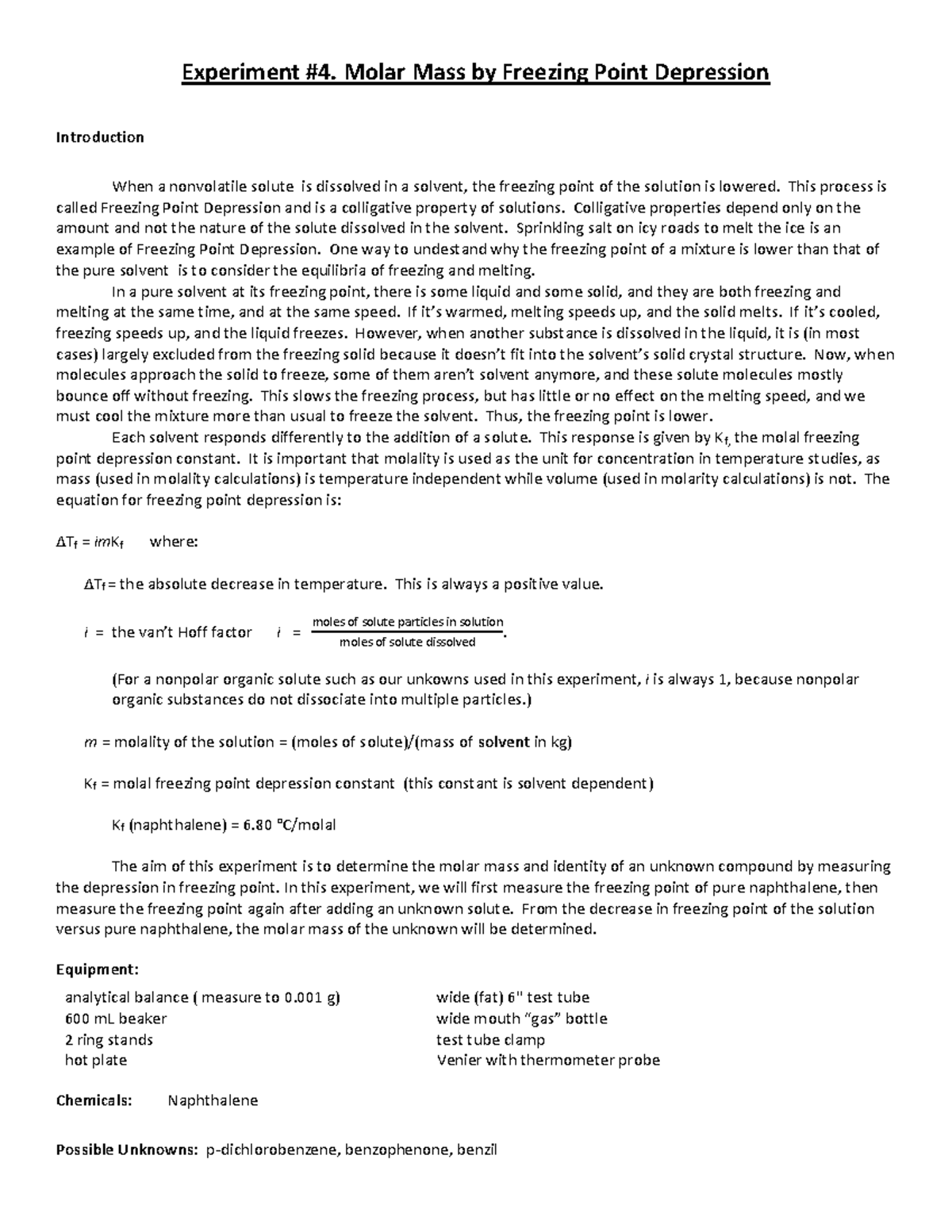 Molar Mass Notes - Experiment #4. Molar Mass by Freezing Point ...