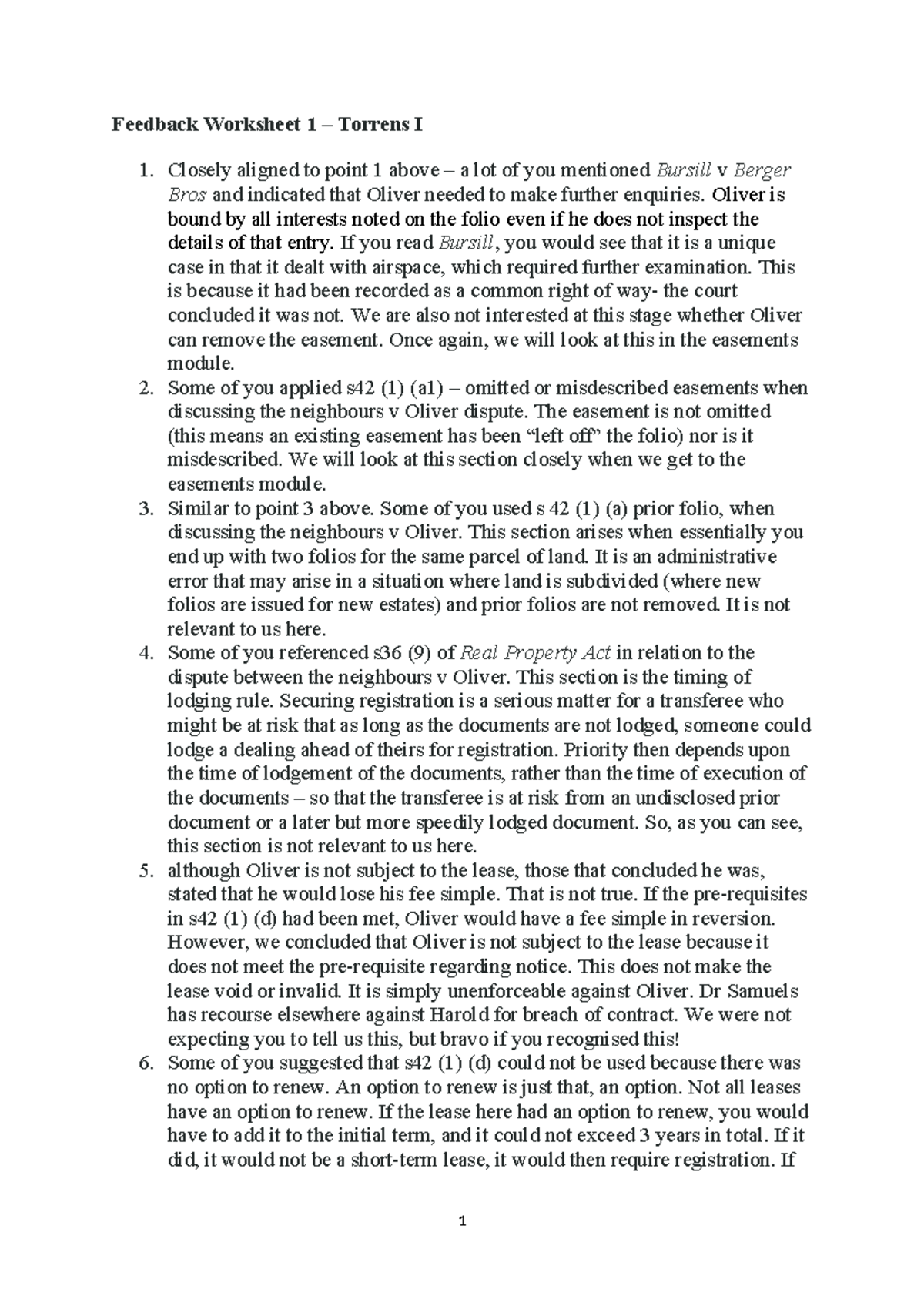 Feedback Worksheet – property - Feedback Worksheet 1 – Torrens I 1 ...