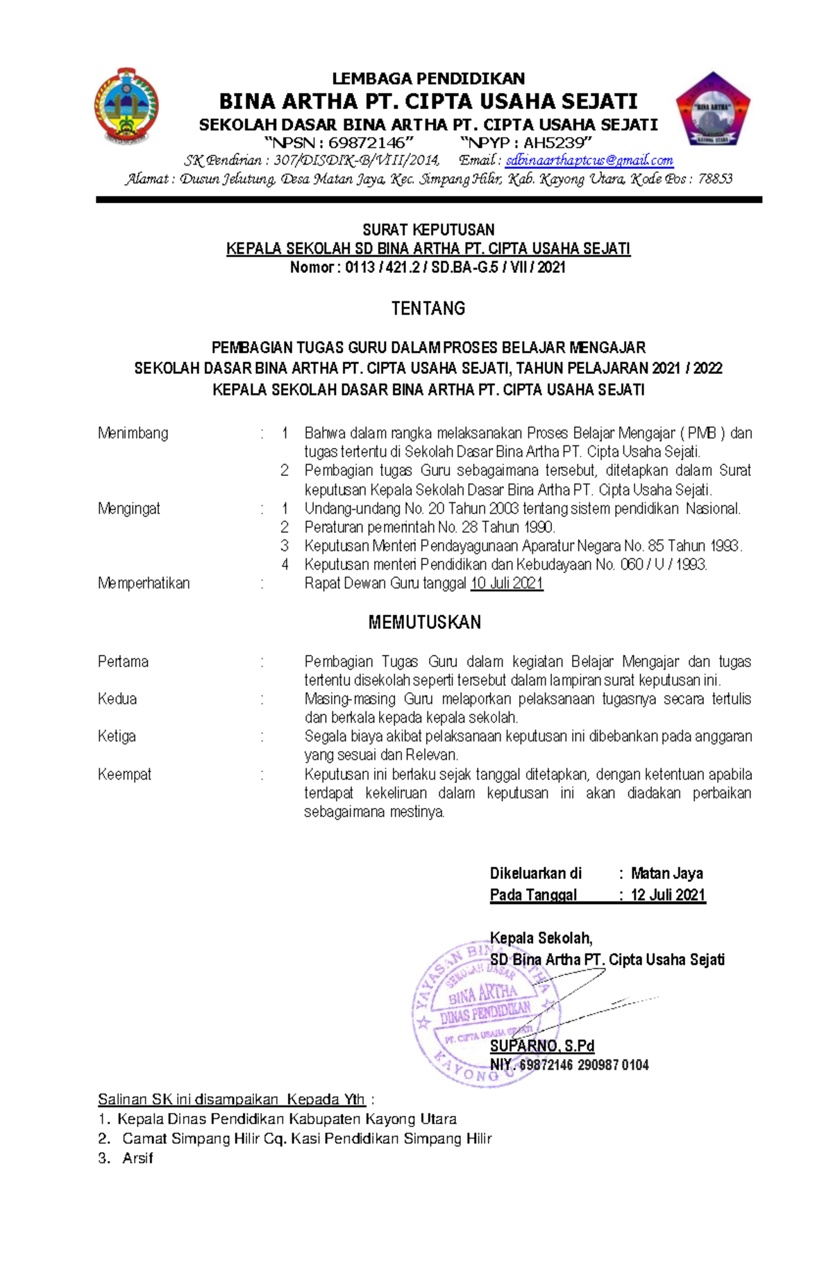 SK PEM SMS 1 2021-2022 - CONTOH SK PEMBAGIAN TUGAS - BINA ARTHA PT ...