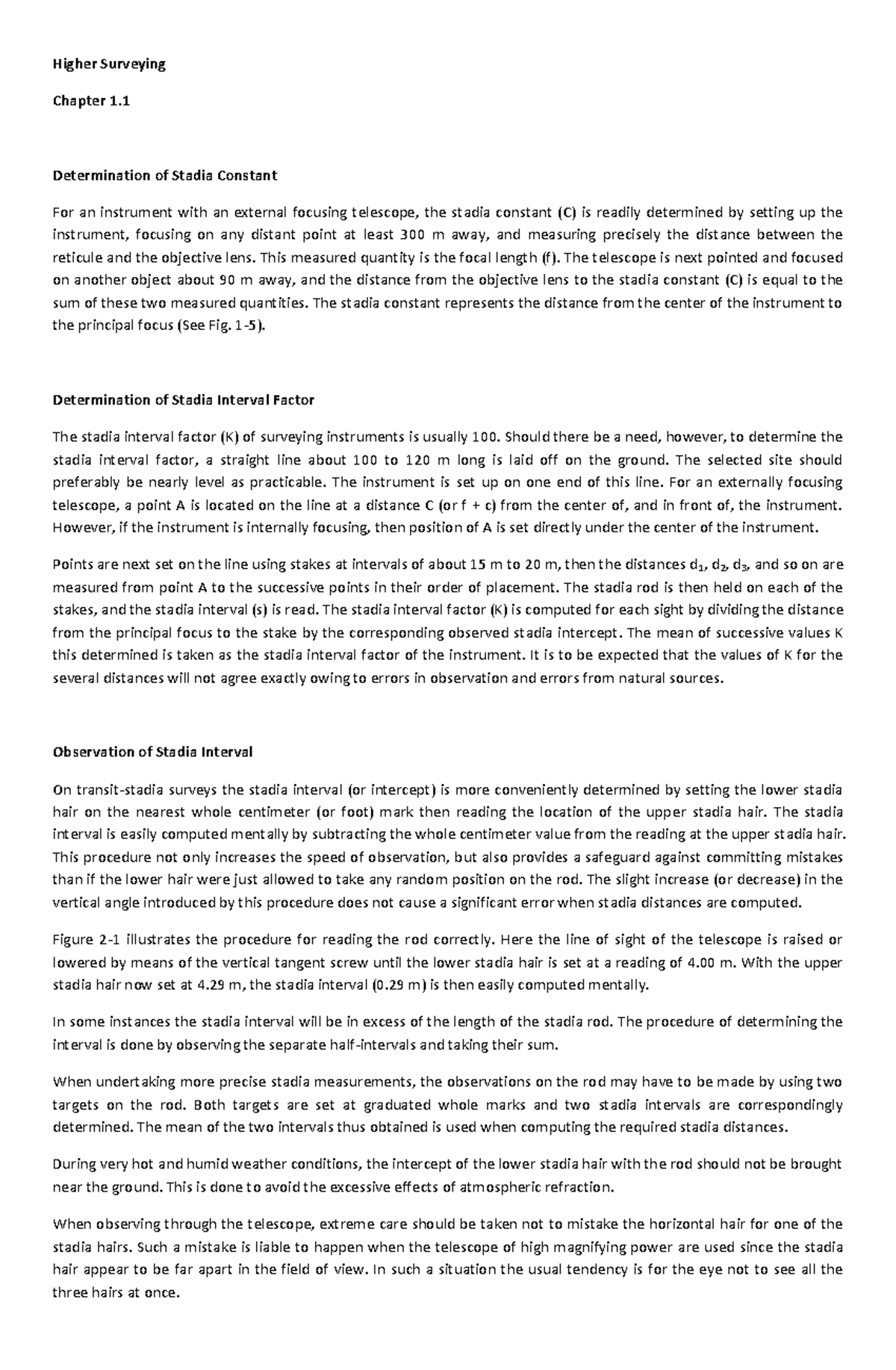 Higher Surveying - Chapter 1 - Determination of Stadia Constant For an ...