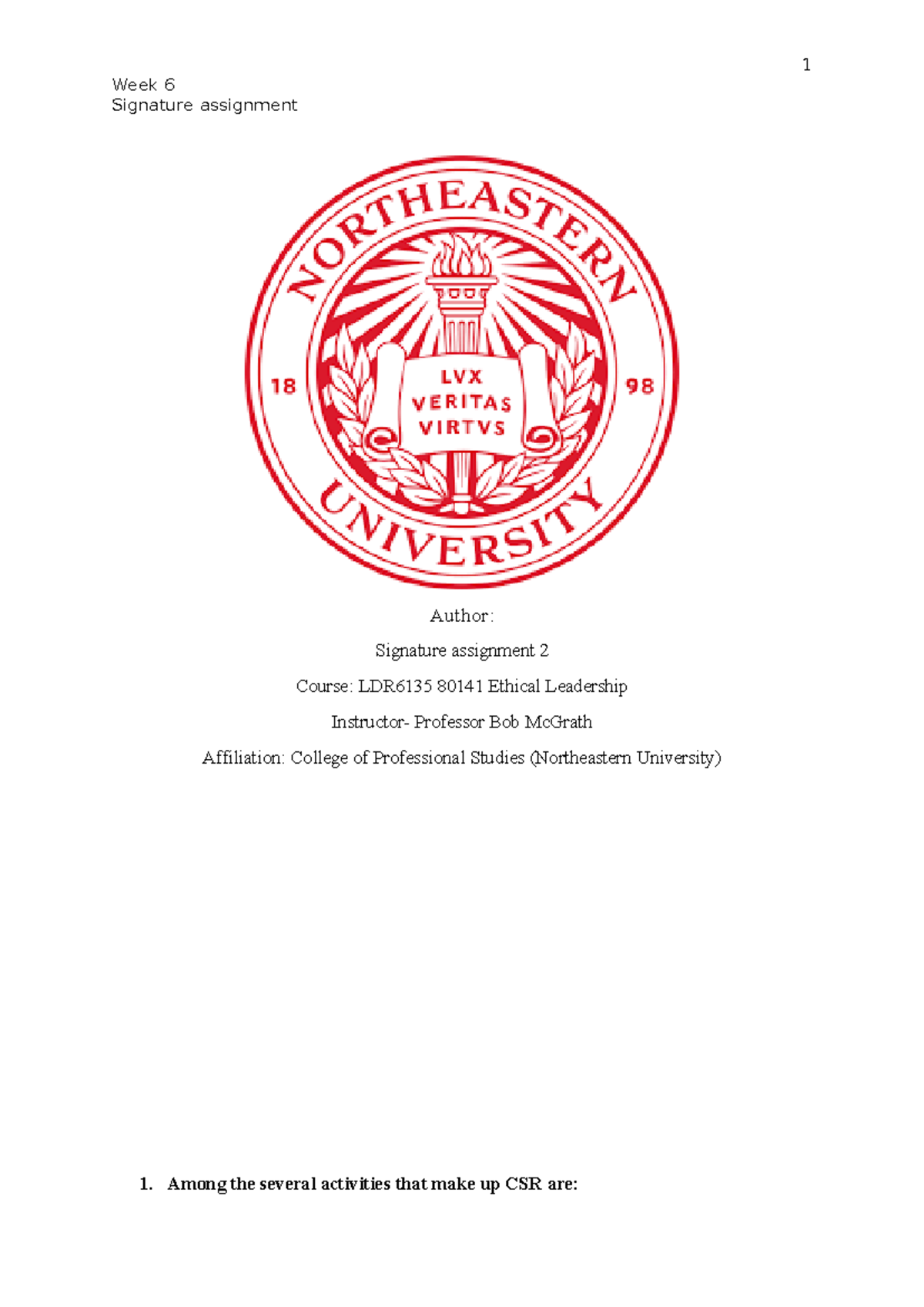 Signature 2 - Week 6 Signature assignment Author: Signature assignment 2 Course: LDR6135 80141 ...