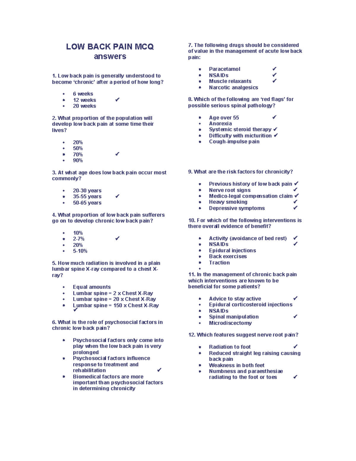 Mcqs back pain with answers - LOW BACK PAIN MCQ answers 1. Low back ...