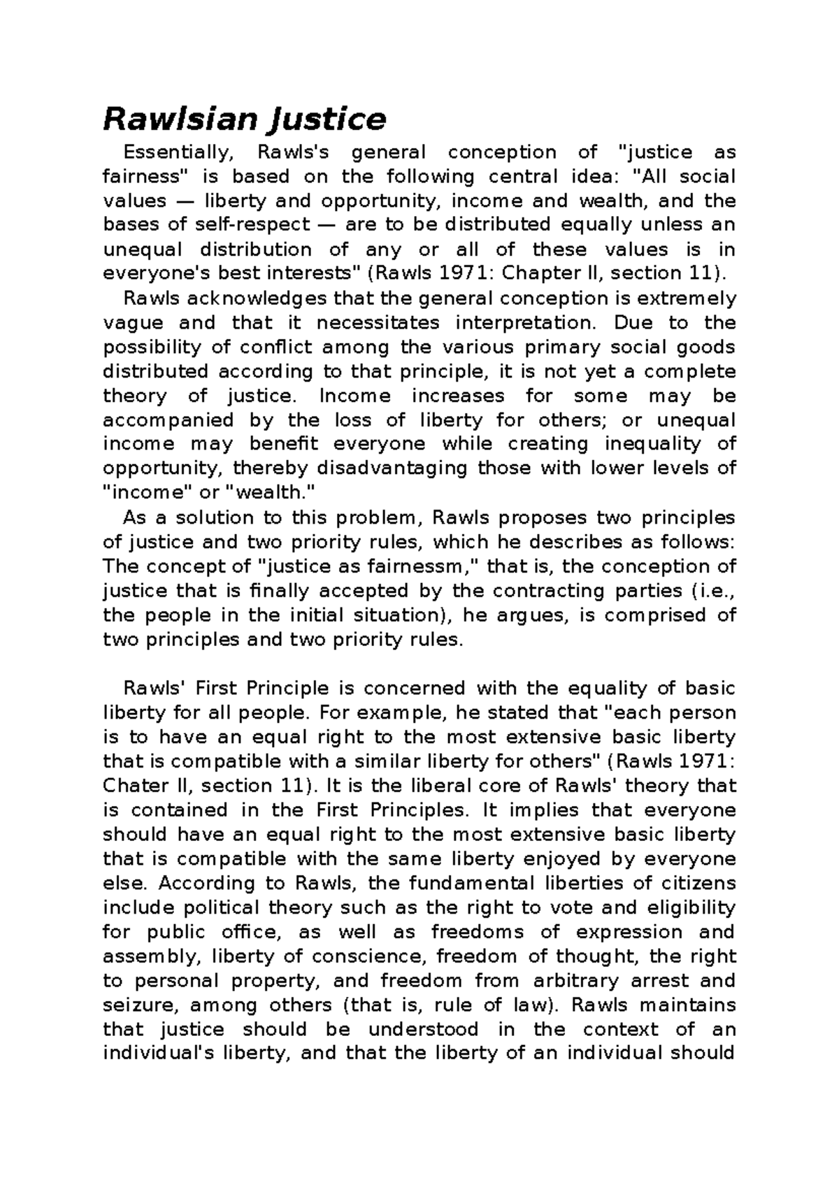 Rawlsian Justice - Lecture notes 2 - Rawlsian Justice Essentially ...