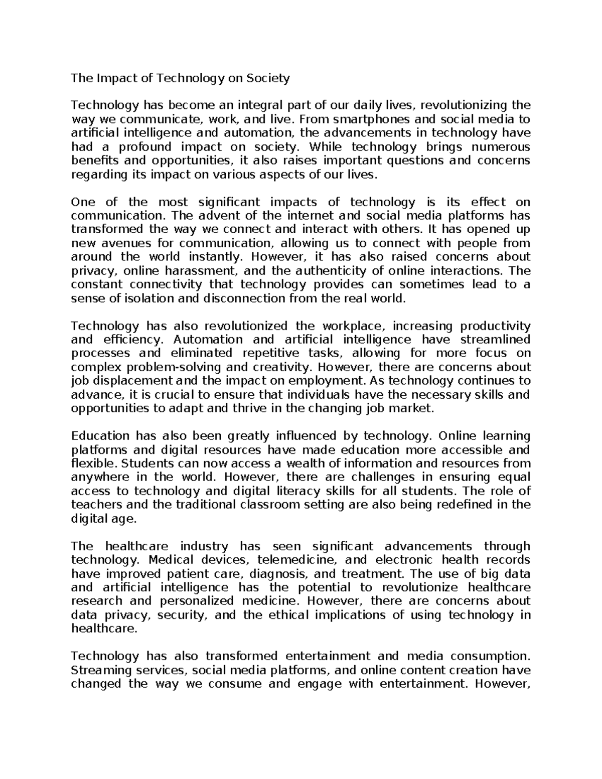 The Impact of Technology on Society - The Impact of Technology on ...