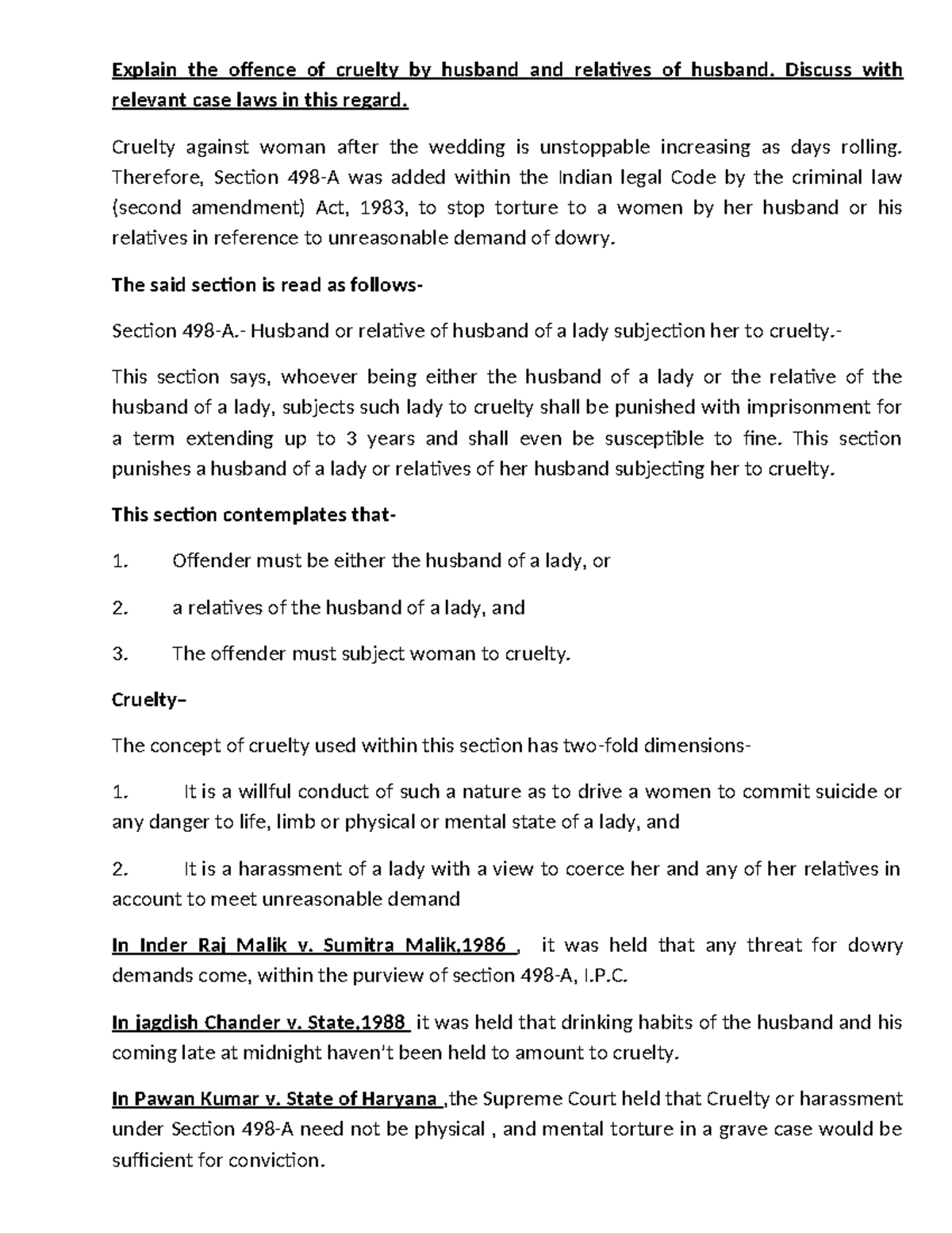 Explain the offence of cruelty by husband and relatives of husband ...