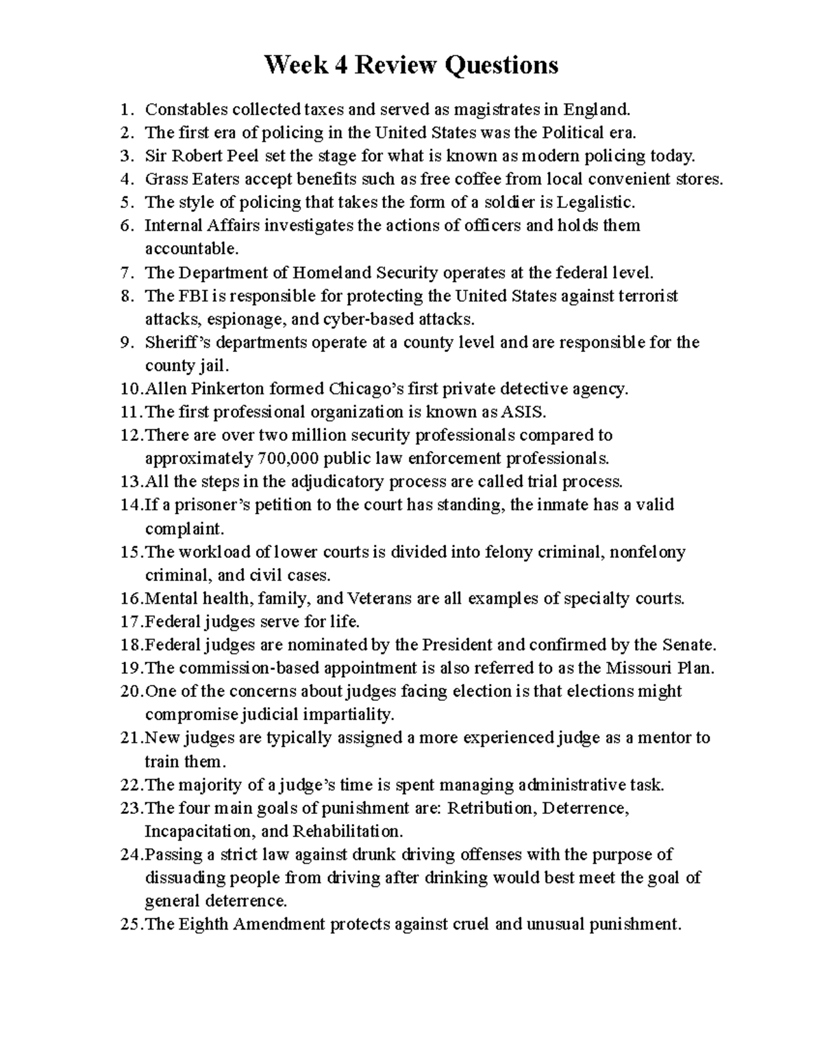 CRJU103 Week 4 Review Questions - Week 4 Review Questions Constables collected taxes and served ...