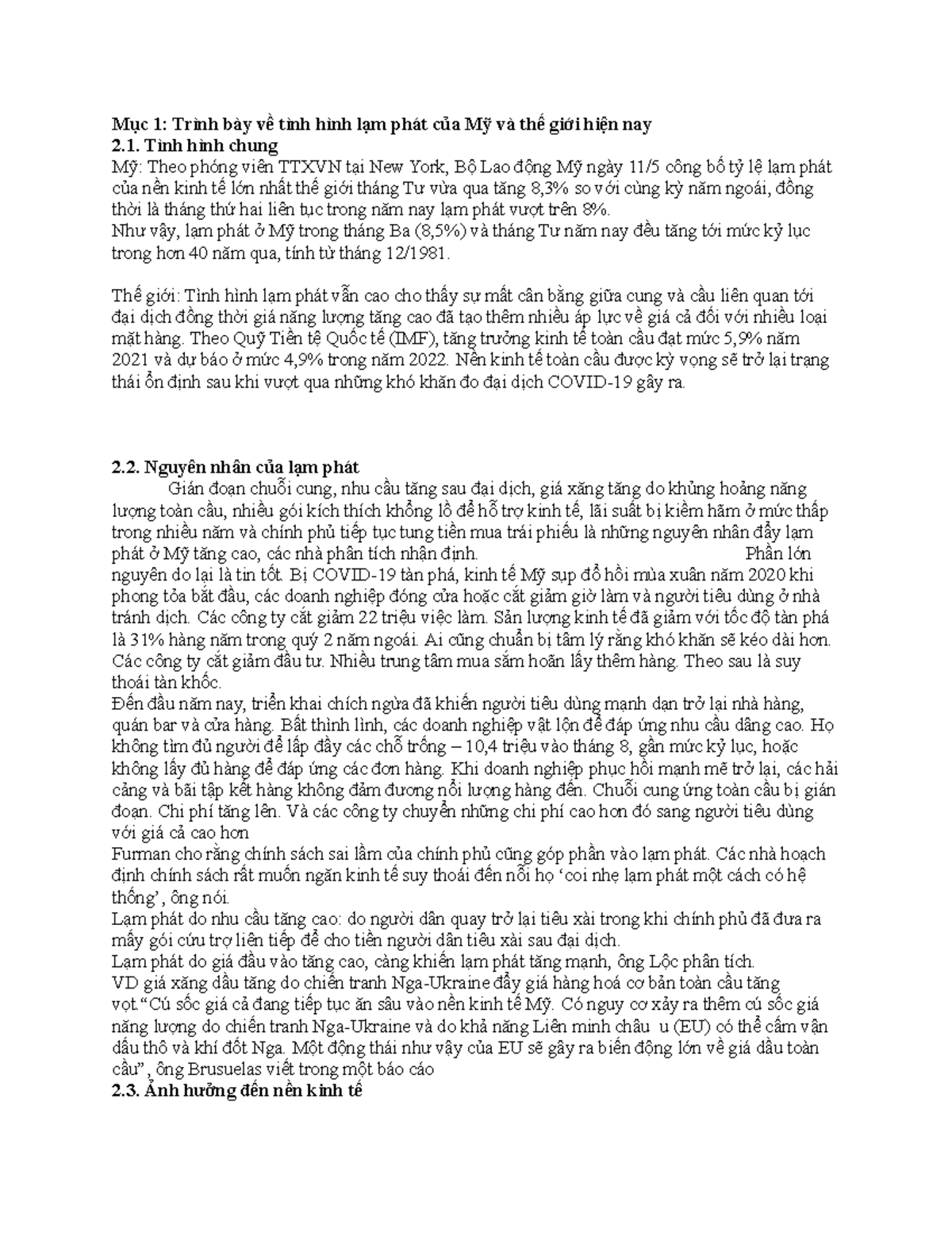 Tiền tệ sáng thứ 7 - sàasfa - Mục 1: Trình bày về tình hình lạm phát của Mỹ và thế giới hiện nay ...