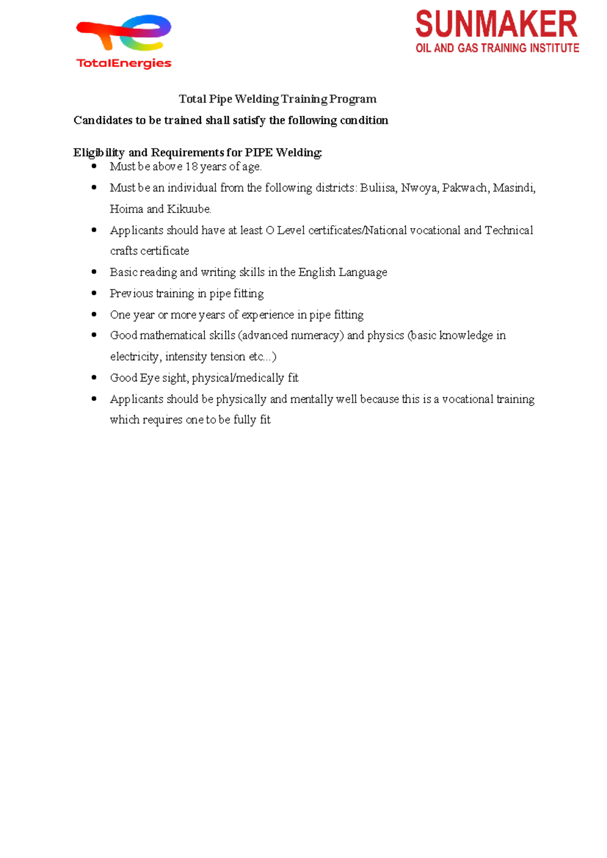 Application FORM FOR PIPE Welding - Total - Website: brpetro Total Pipe ...