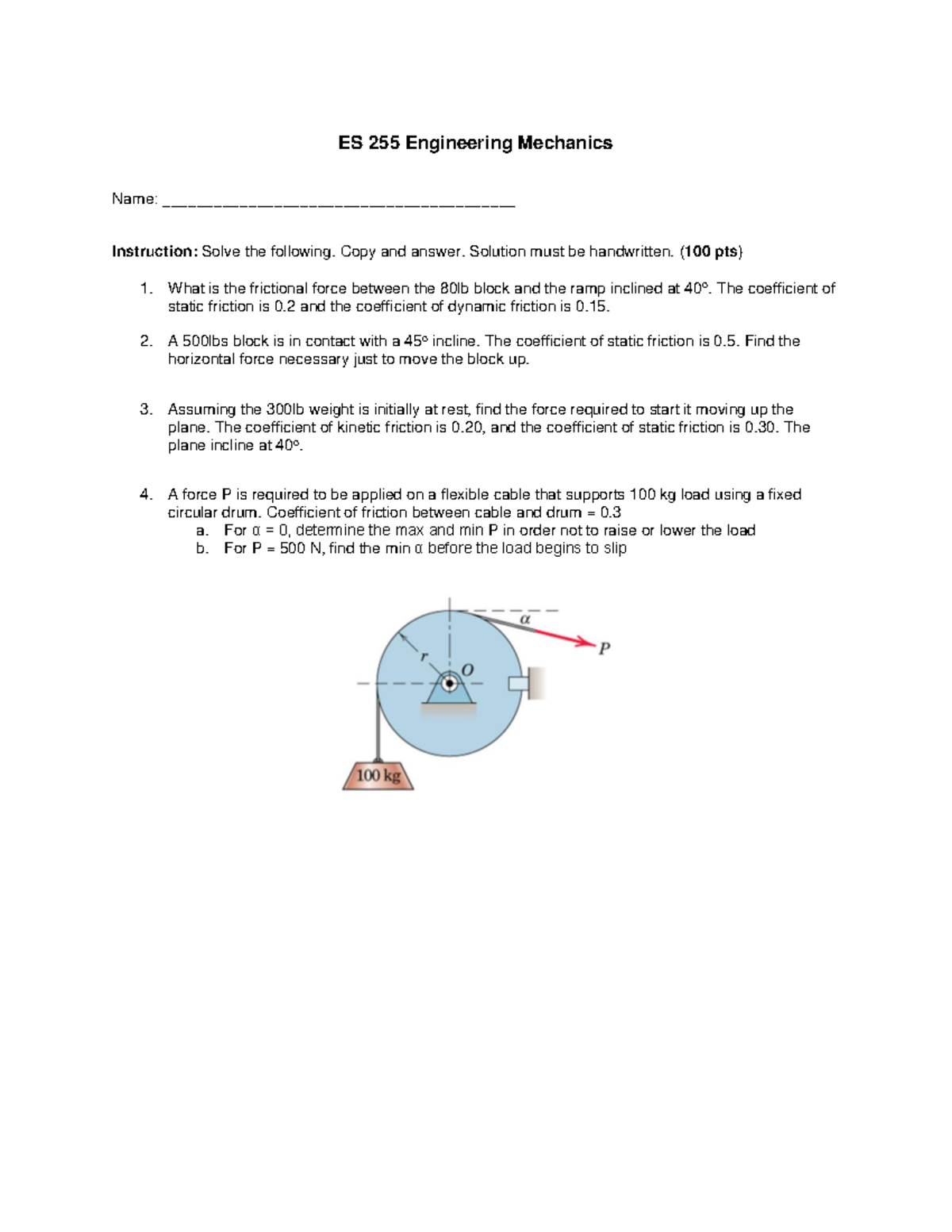 Exercise 2 - Engineering Mechanics subjects - ES 255 Engineering ...