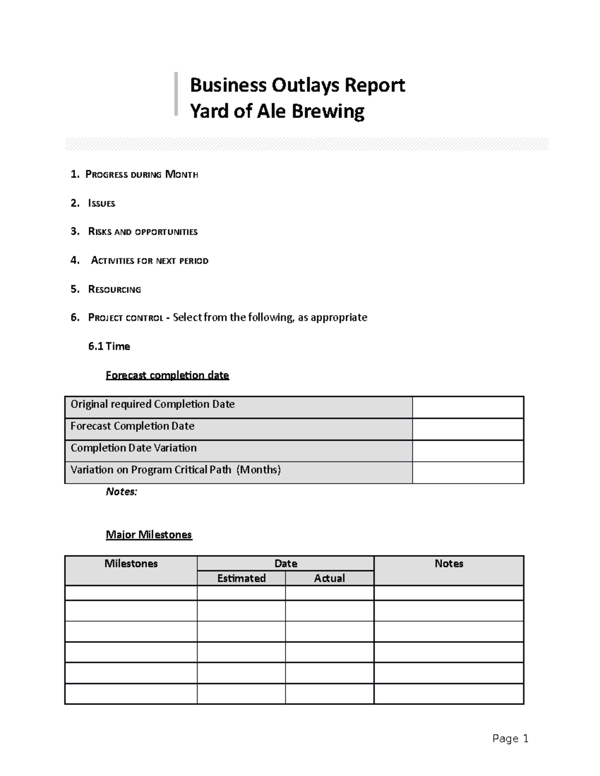 Monthly project report performa - Business Outlays Report Yard of Ale ...