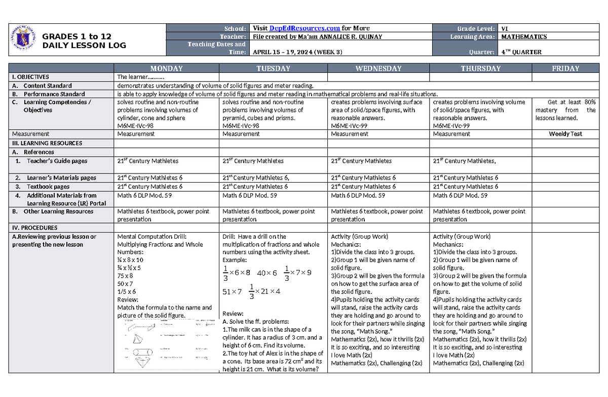 DLL Mathematics 6 Q4 W3 - EEEAA - GRADES 1 to 12 DAILY LESSON LOG ...