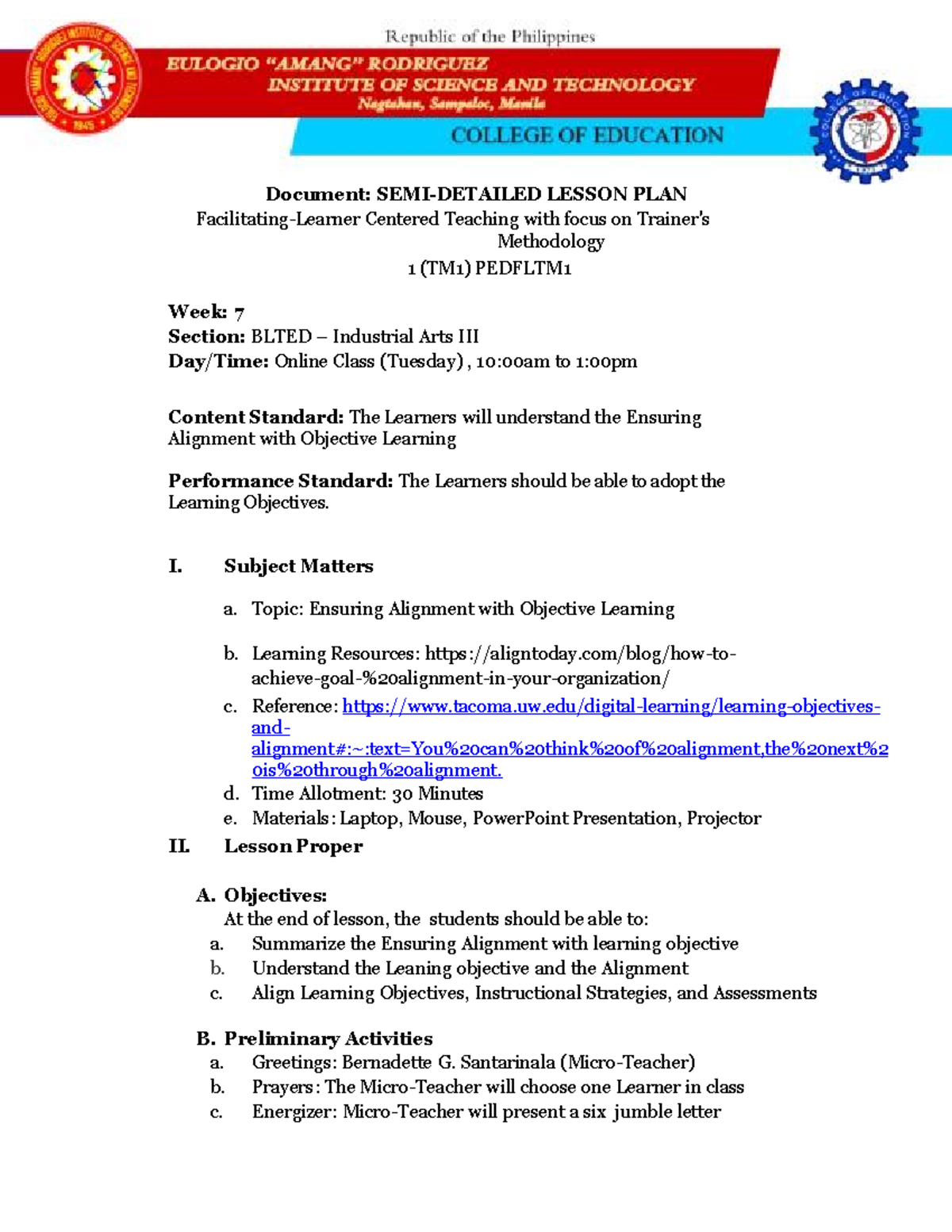 Espinosa Semi Detailed Lesson Plan - Document: SEMI-DETAILED LESSON ...