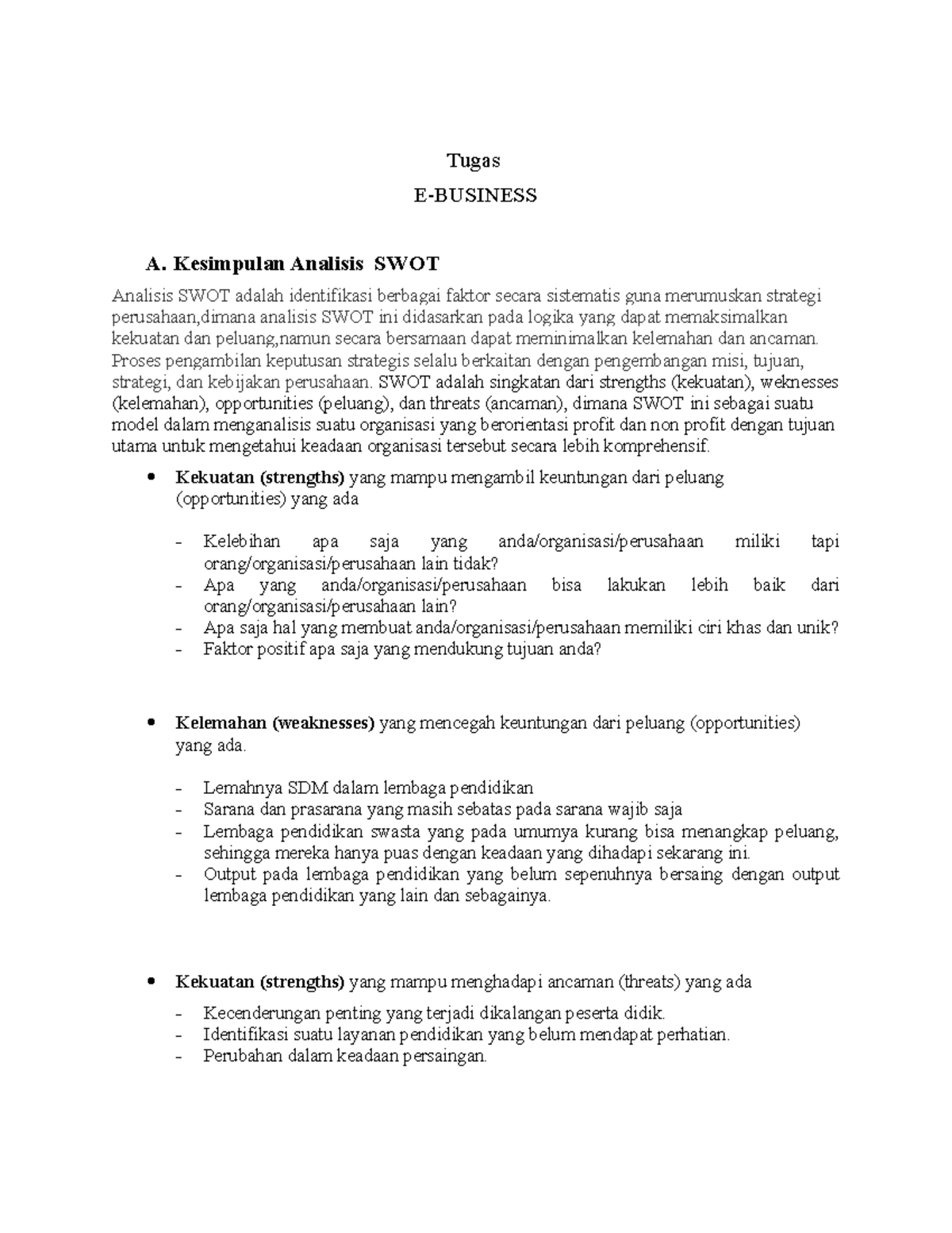 E-Business Analisis SWOT - Tugas E-BUSINESS A. Kesimpulan Analisis SWOT ...