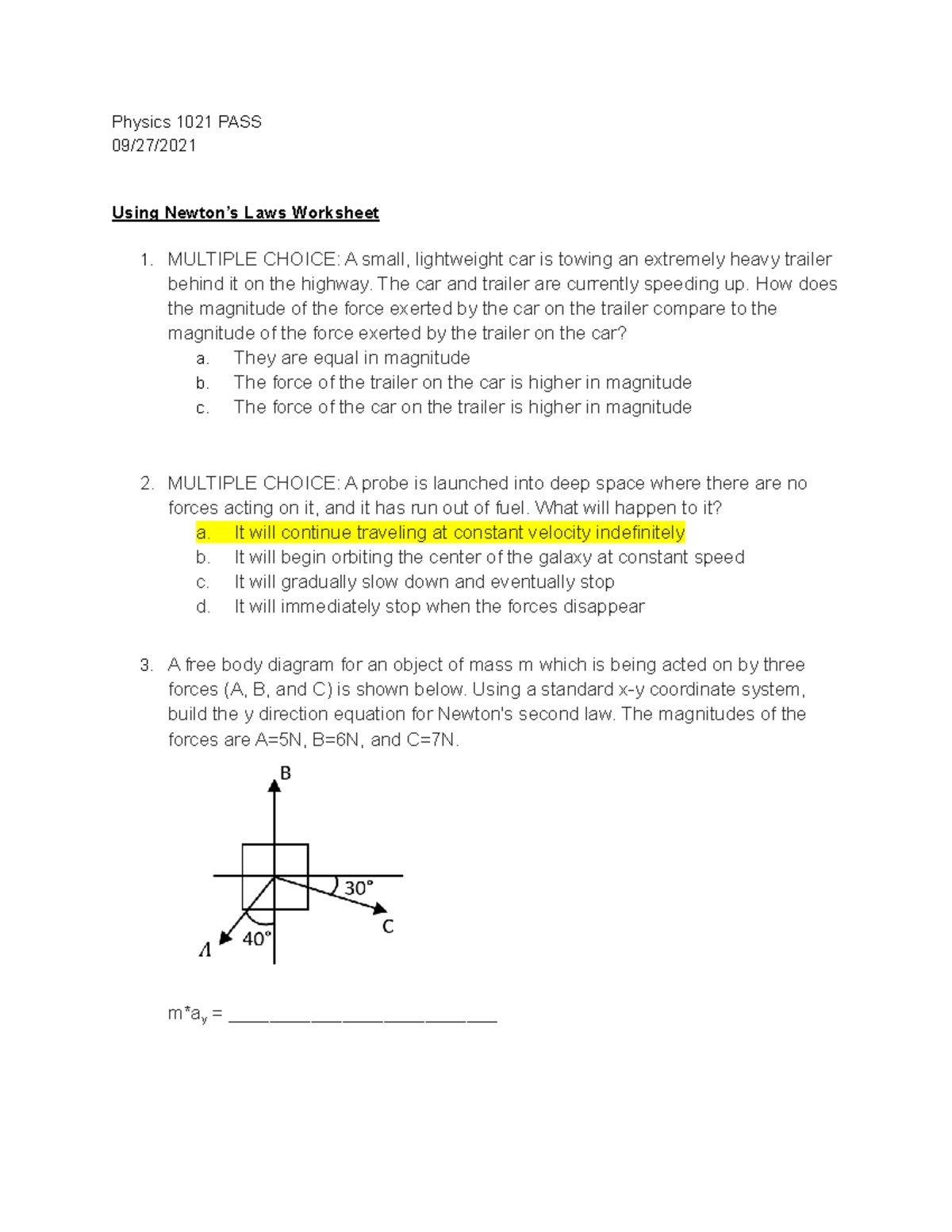 Exam 1 Review - Using Newton's Laws Worksheet - Physics 1021 PASS 09/27 ...