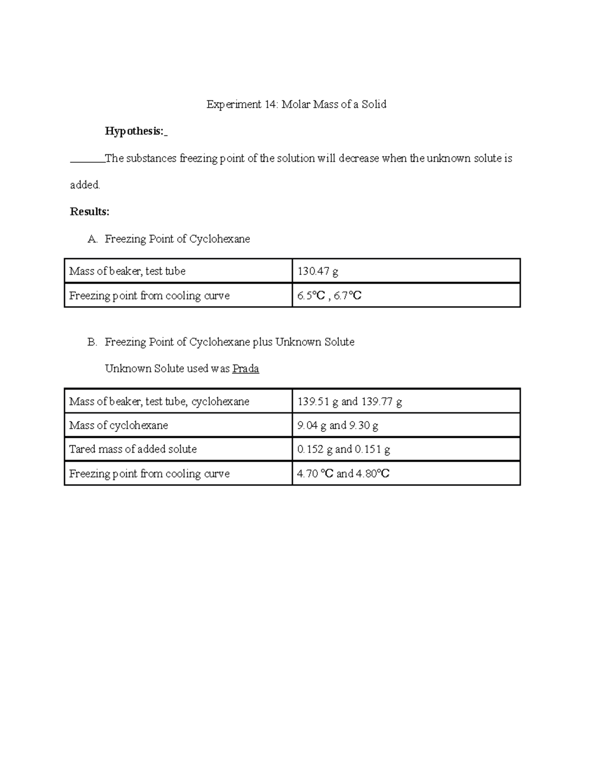 Chem Lab 2 - Lab work - Experiment 14: Molar Mass of a Solid Hypothesis ...