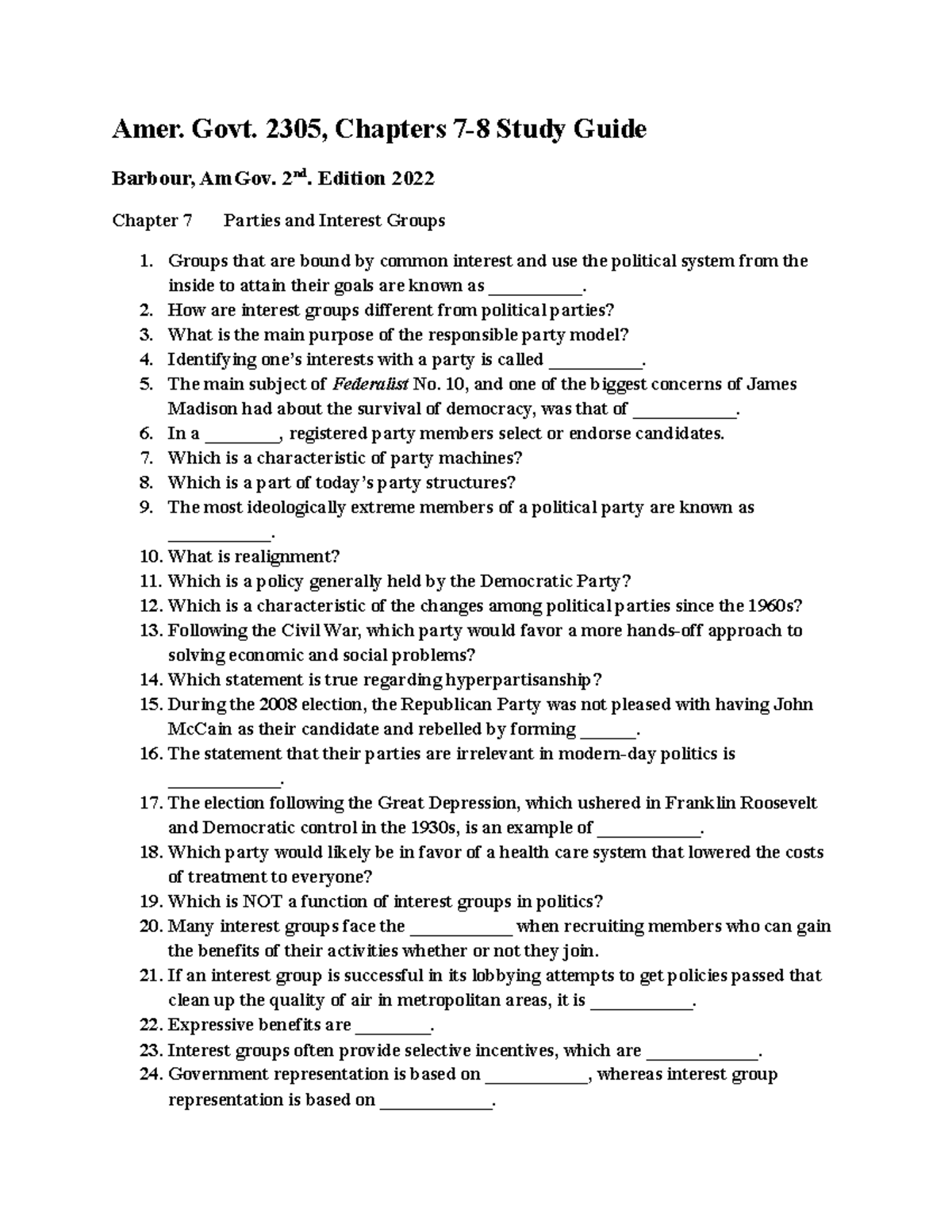 Amer. Govt. Chapters 7-8 Study Guide - Amer. Govt. 2305, Chapters 7-8 ...