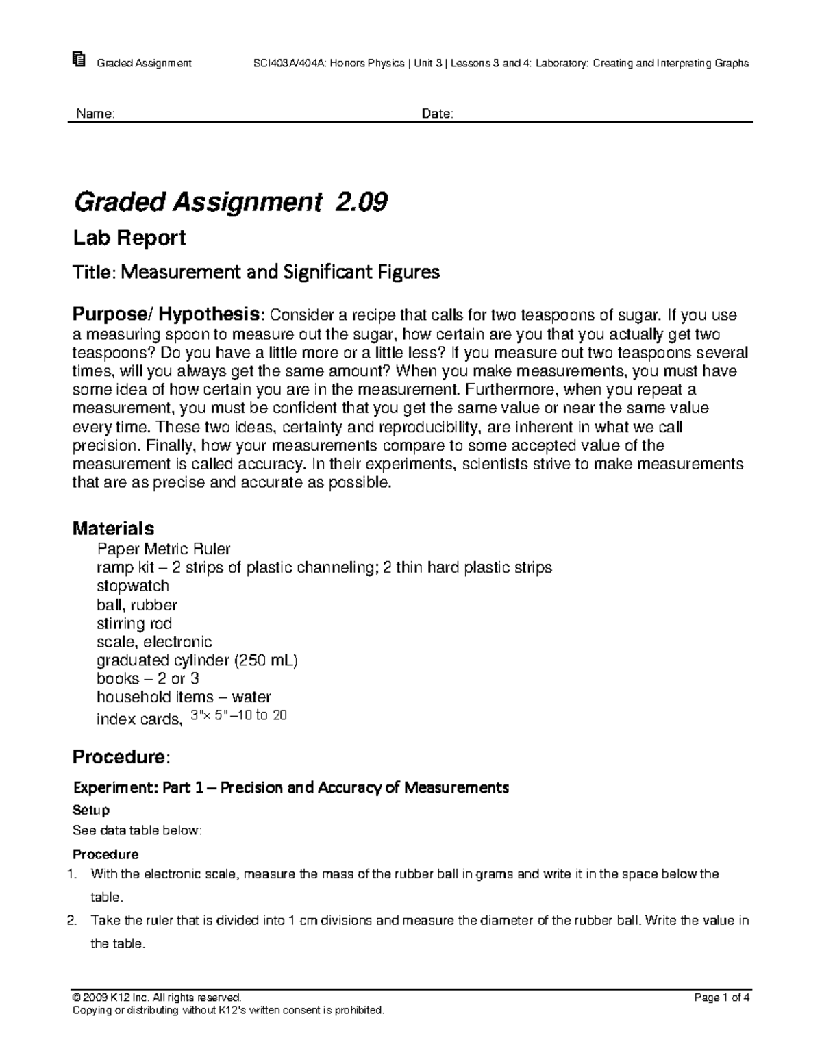209 Lab Report Measurement and Significant Figures-4 - © 200 9 K12 Inc ...