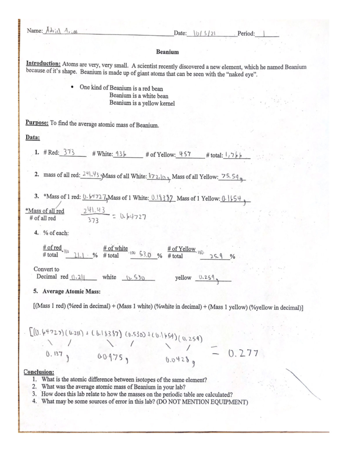 Beanium Lab Worksheet dhdhjsjsjj sjisish - CHM3400 - FIU - Studocu