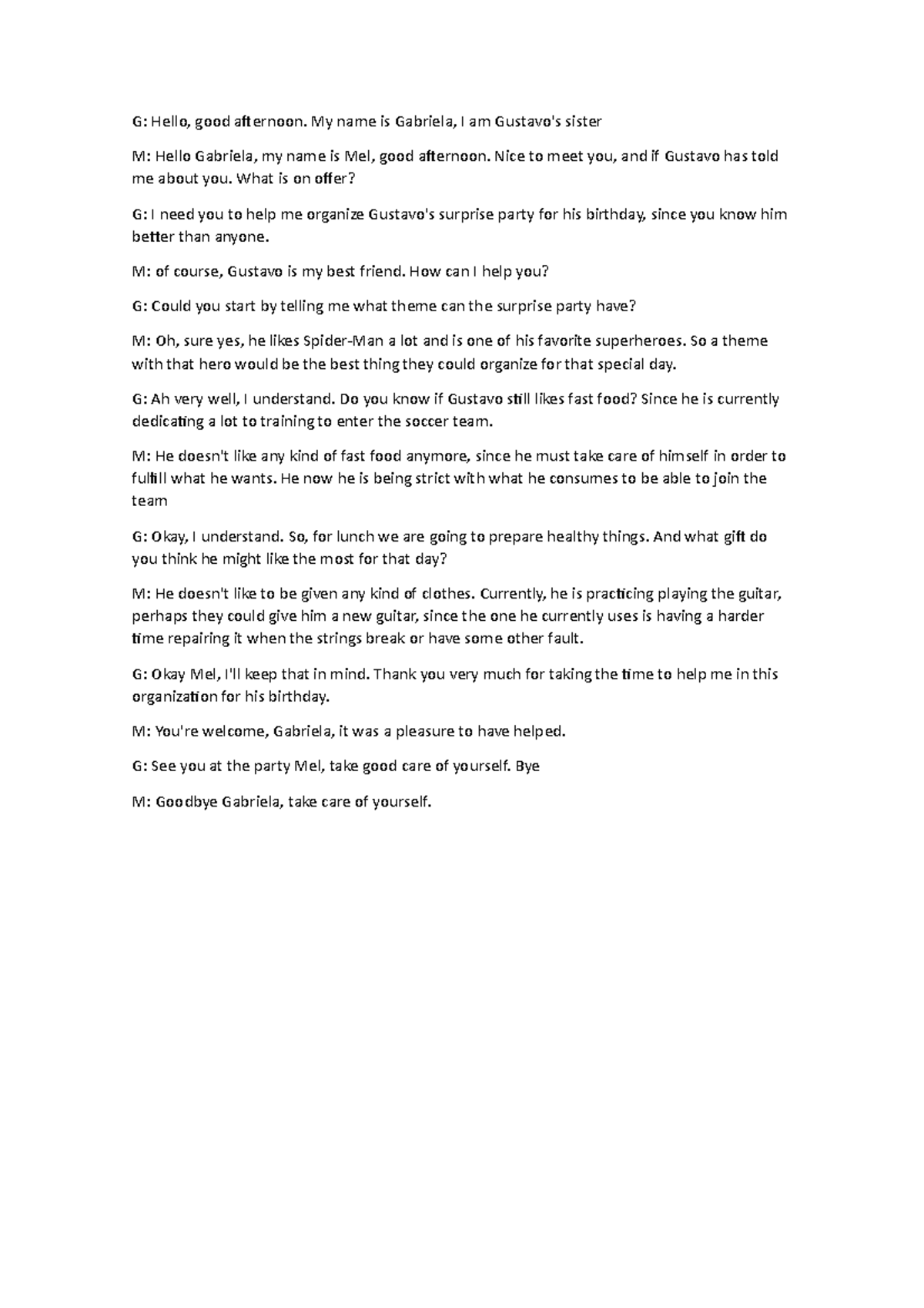 Dialogo-S15 - DIALOGO SEMANA 15 INGLÉS 1 - G: Hello, good afternoon. My ...