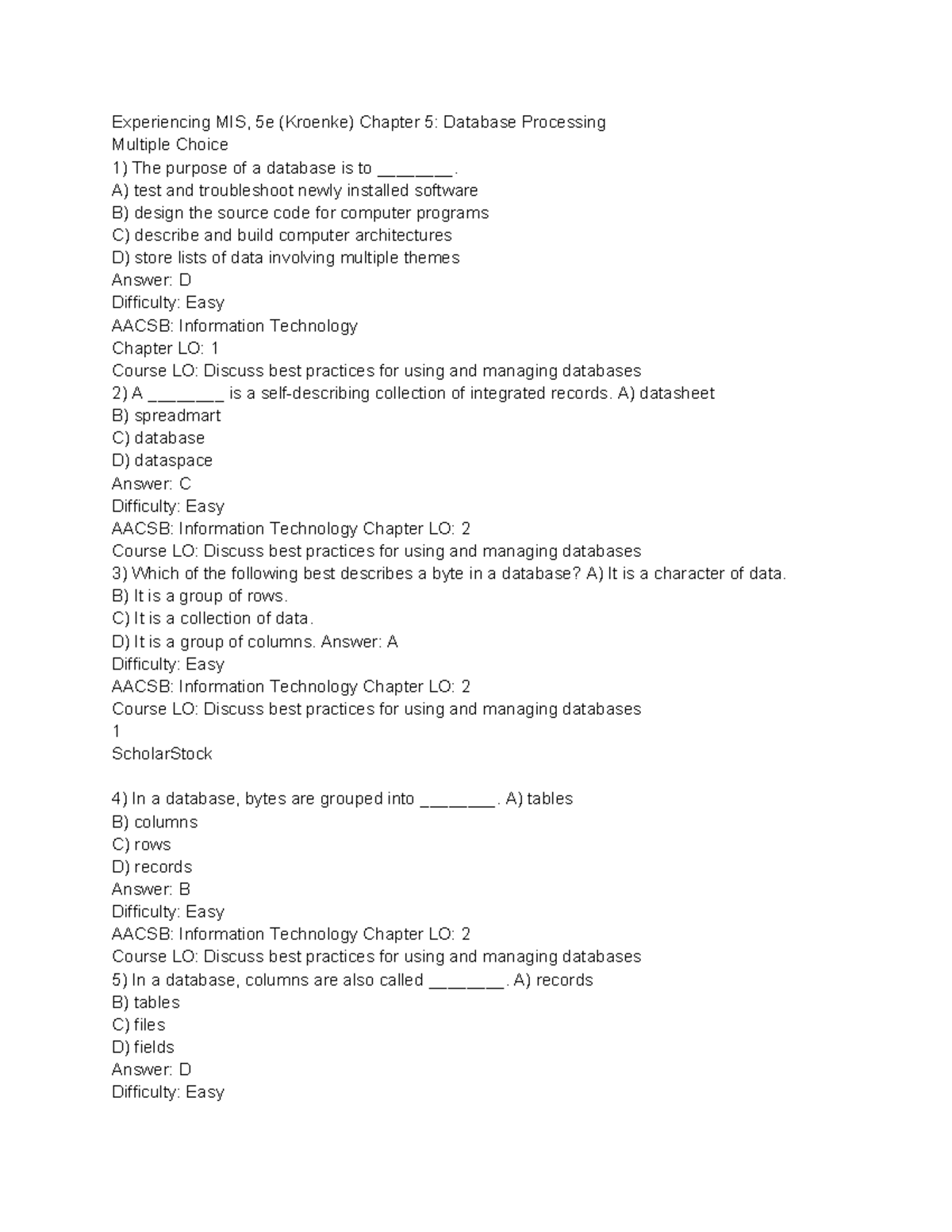 Chp5 testbank - informative - Experiencing MIS, 5e (Kroenke) Chapter 5 ...