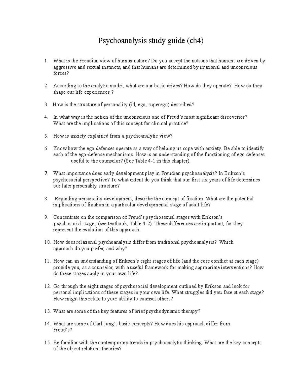 Psychoanalysis study guide - Be able to identify each of the ego ...