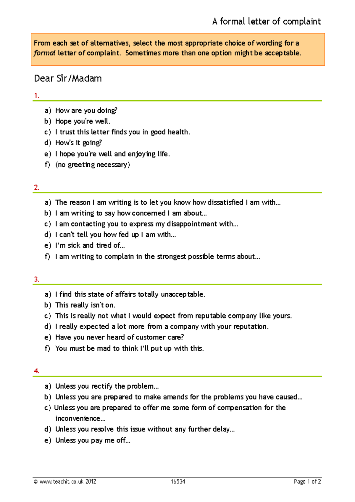 A formal letter of complaint worksheet - A formal letter of complaint ...