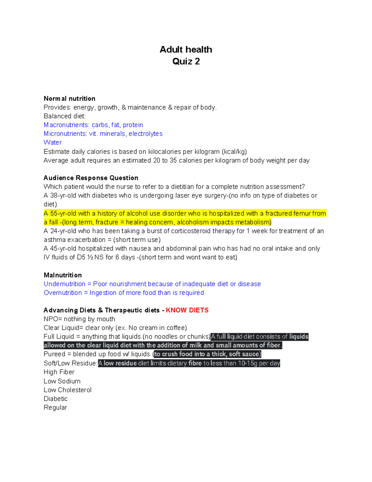 Adult health quiz 2 - quiz lecture + answer - Adult health Quiz 2 Normal nutrition Provides ...