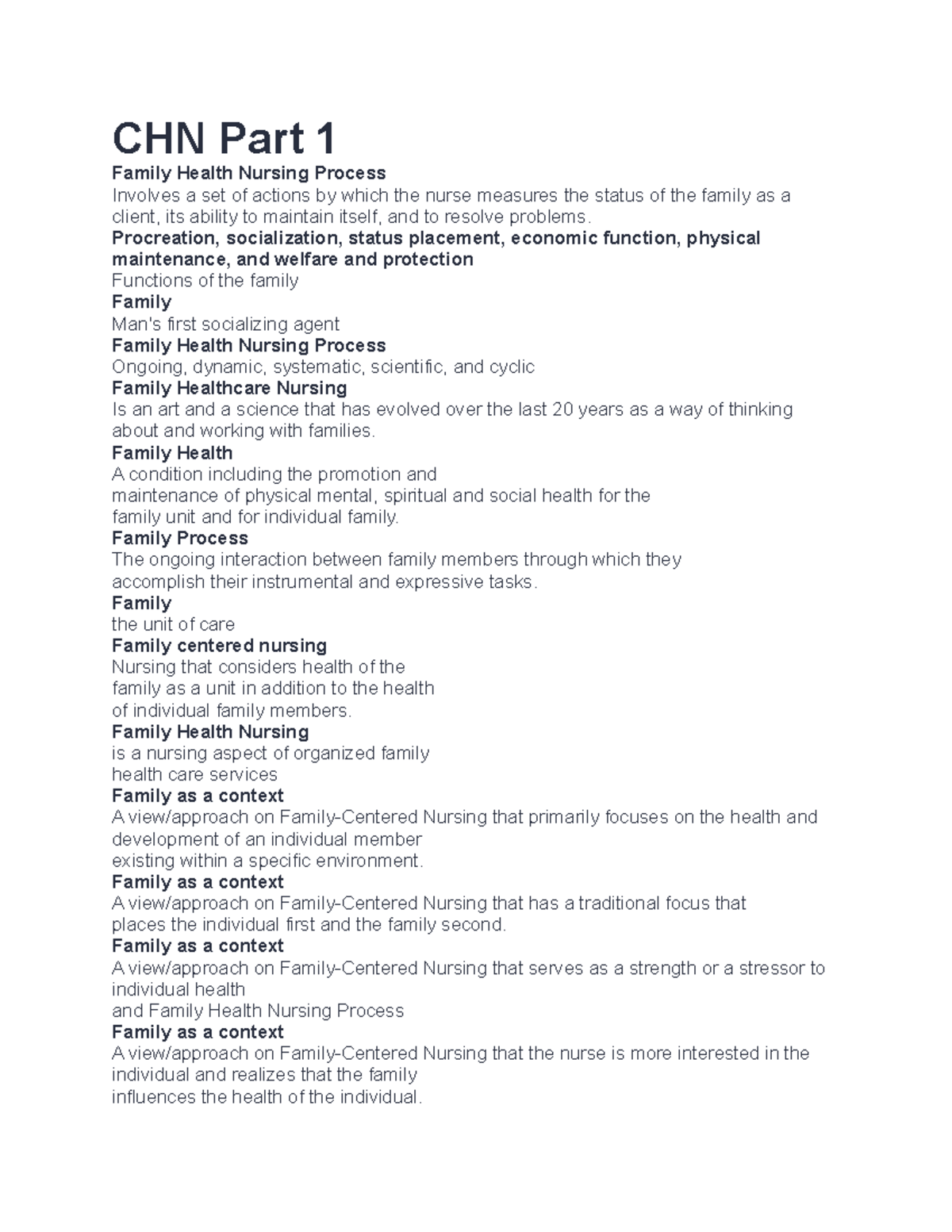 CHN Part 1 - Community Health Nursing - CHN Part 1 Family Health ...