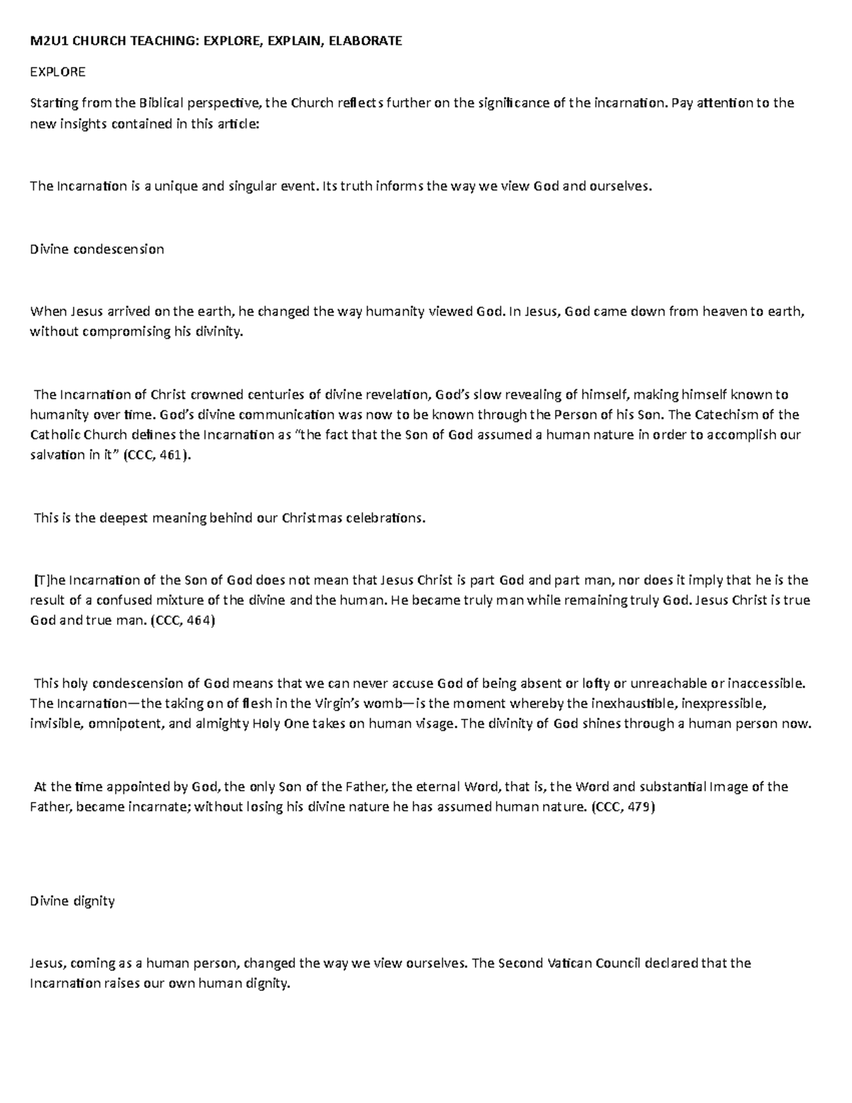 M2U1 Church Teaching - Lecture notes 3rd - M2U1 CHURCH TEACHING ...