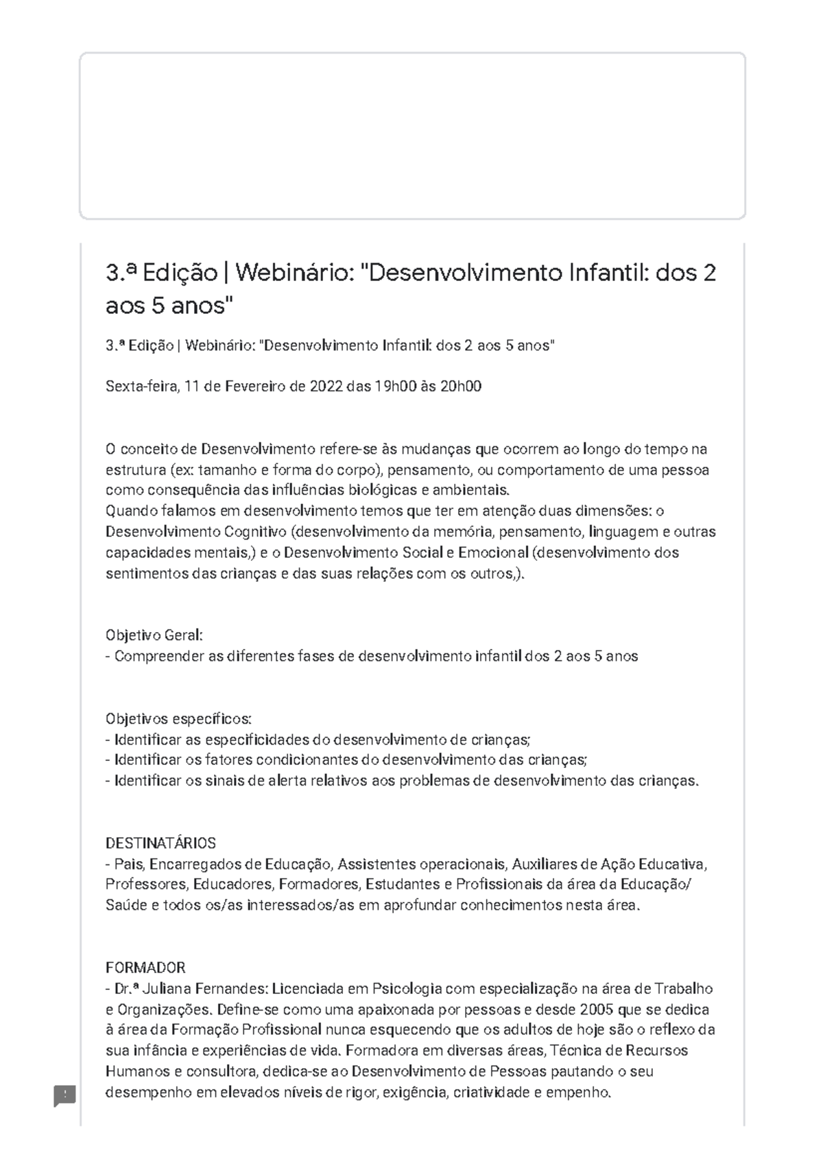 3.ª Edição Webinário Desenvolvimento Infantil dos 2 aos 5 anos - 3.ª ...