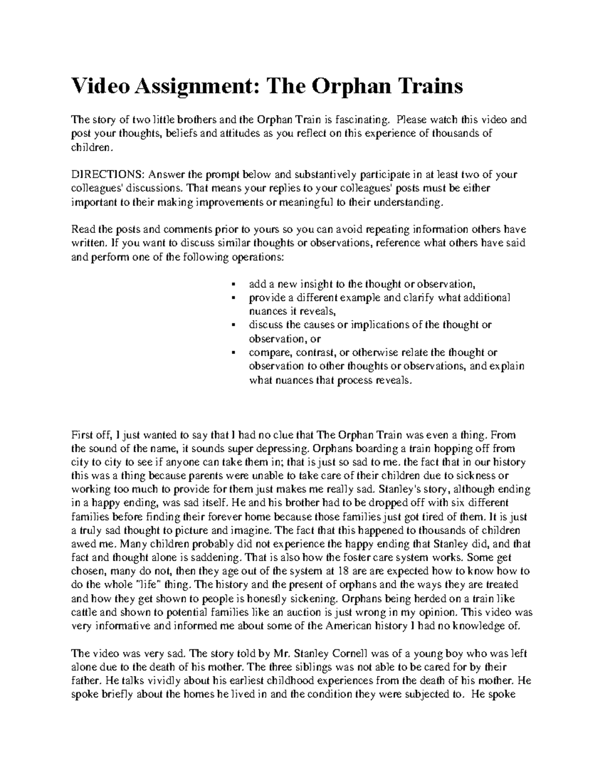 The Orphan Trains Video Assignment - Video Assignment: The Orphan ...