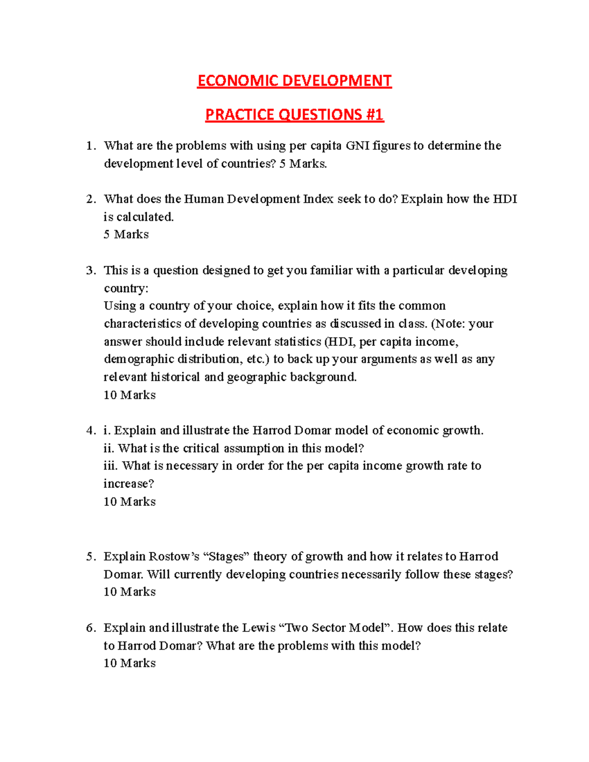 Assignment #1 - practice queastions - ECONOMIC DEVELOPMENT PRACTICE ...