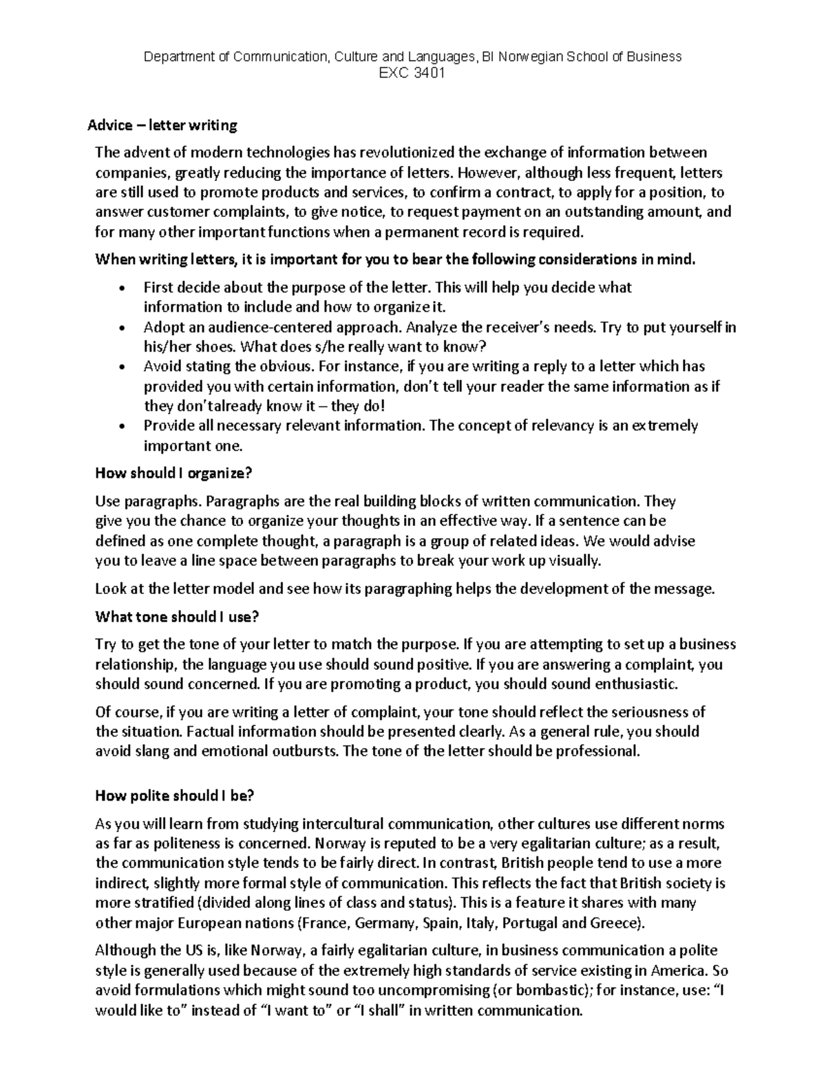 Advice on writing letters - EXC 3401 Advice – letter writing The advent ...