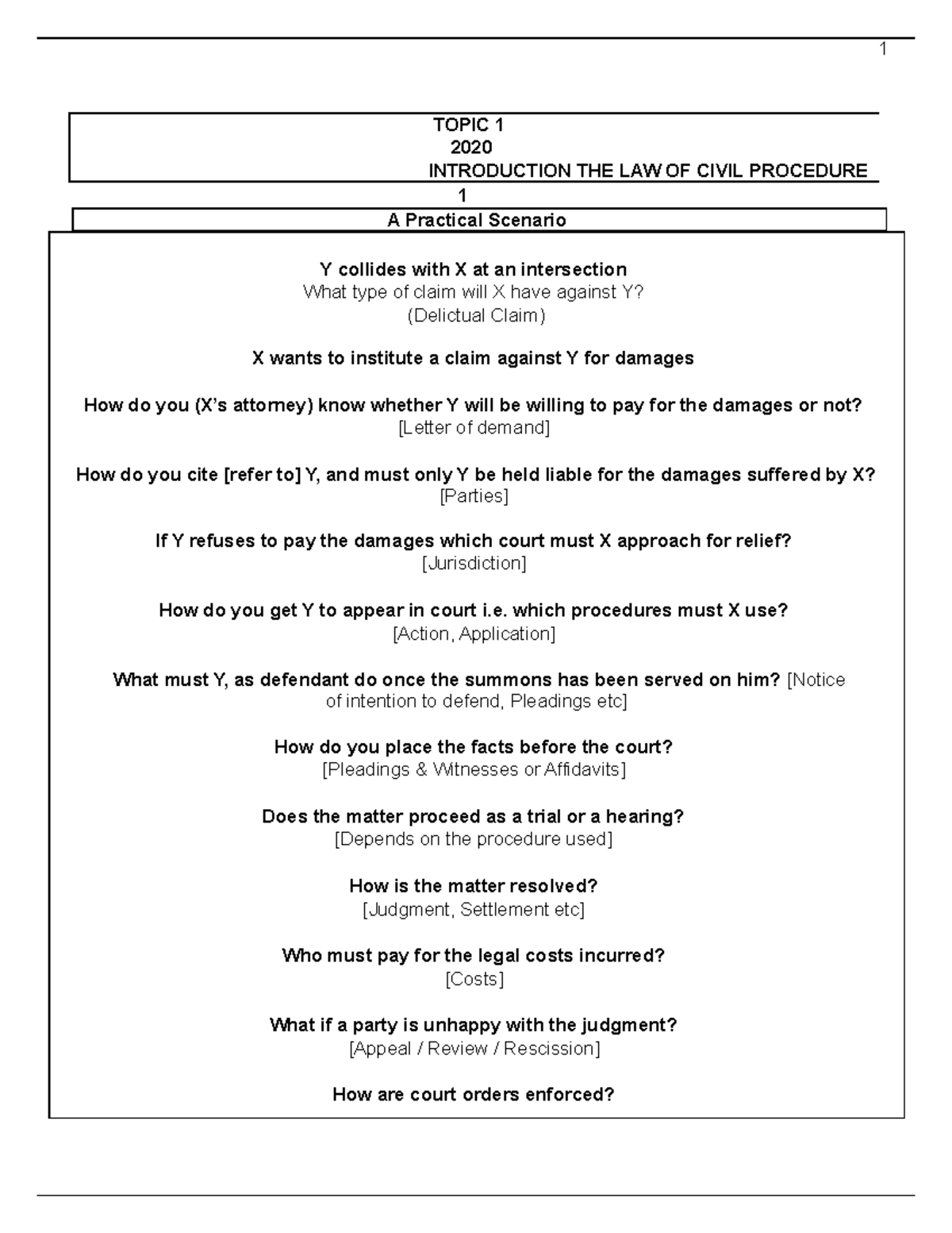 Final Proper Civil EXAM Notes - TOPIC 1 2020 INTRODUCTION THE LAW OF ...