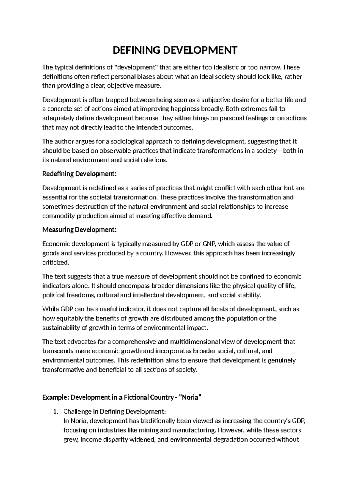 Defining Development - DEFINING DEVELOPMENT The typical definitions of ...