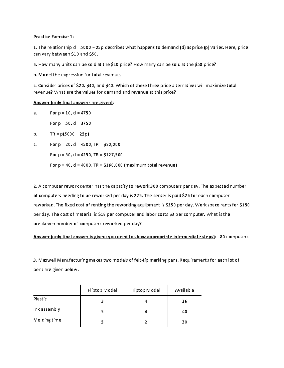 Practice exercise 1 - linear modelisation / break even - Practice ...